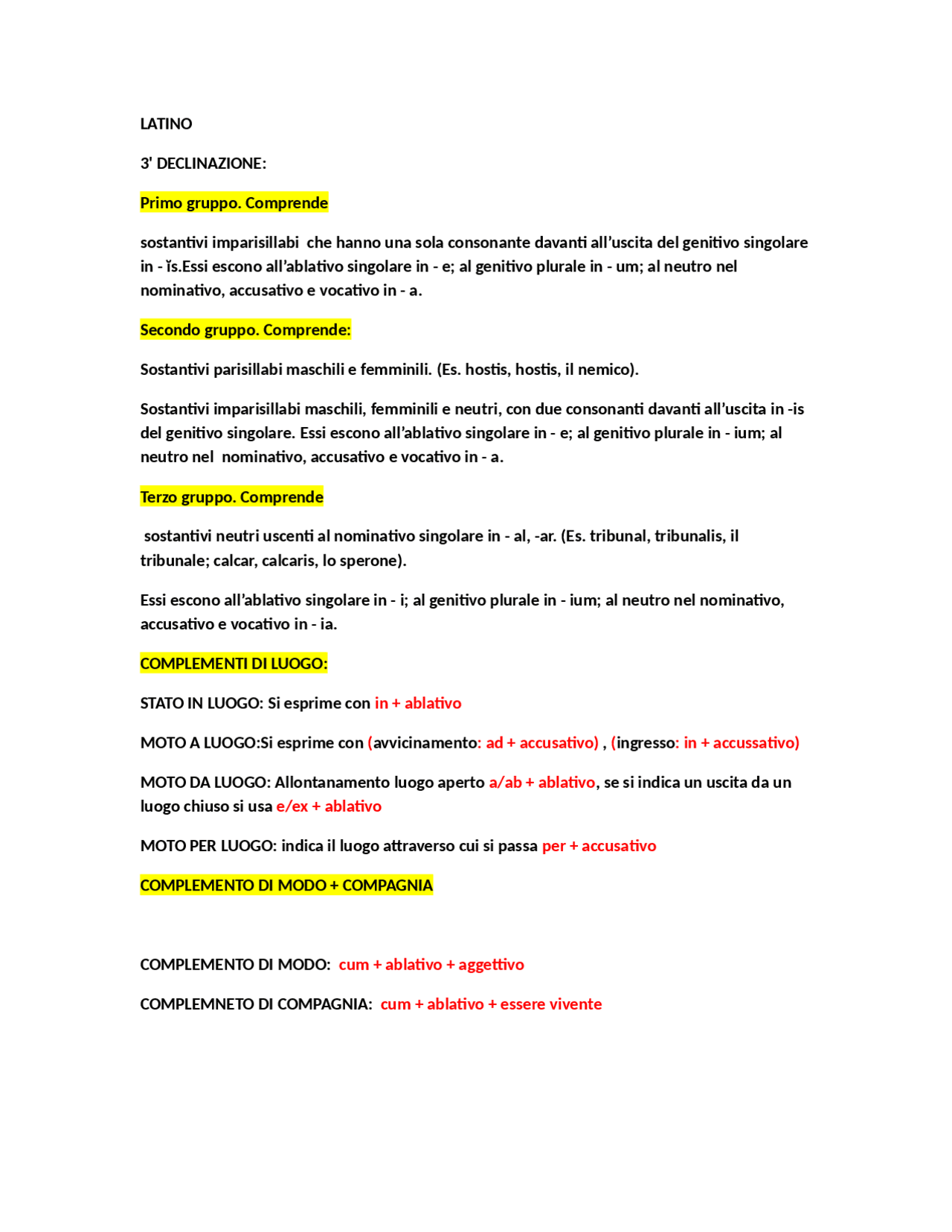 Riassunto 3 Declinazione Latino Complementi Docsity