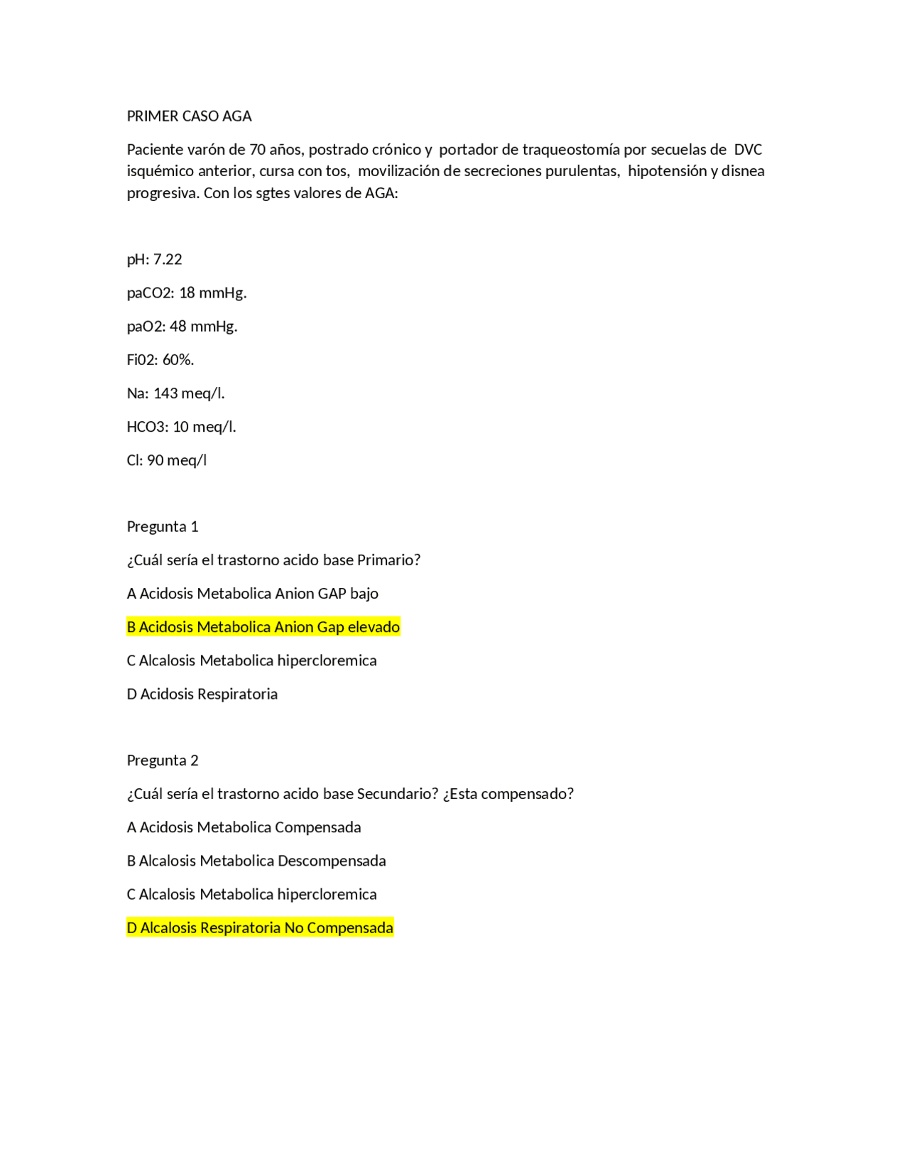 Analisis de Gases Arteriales Caso 1 | Apuntes de Medicina | Docsity
