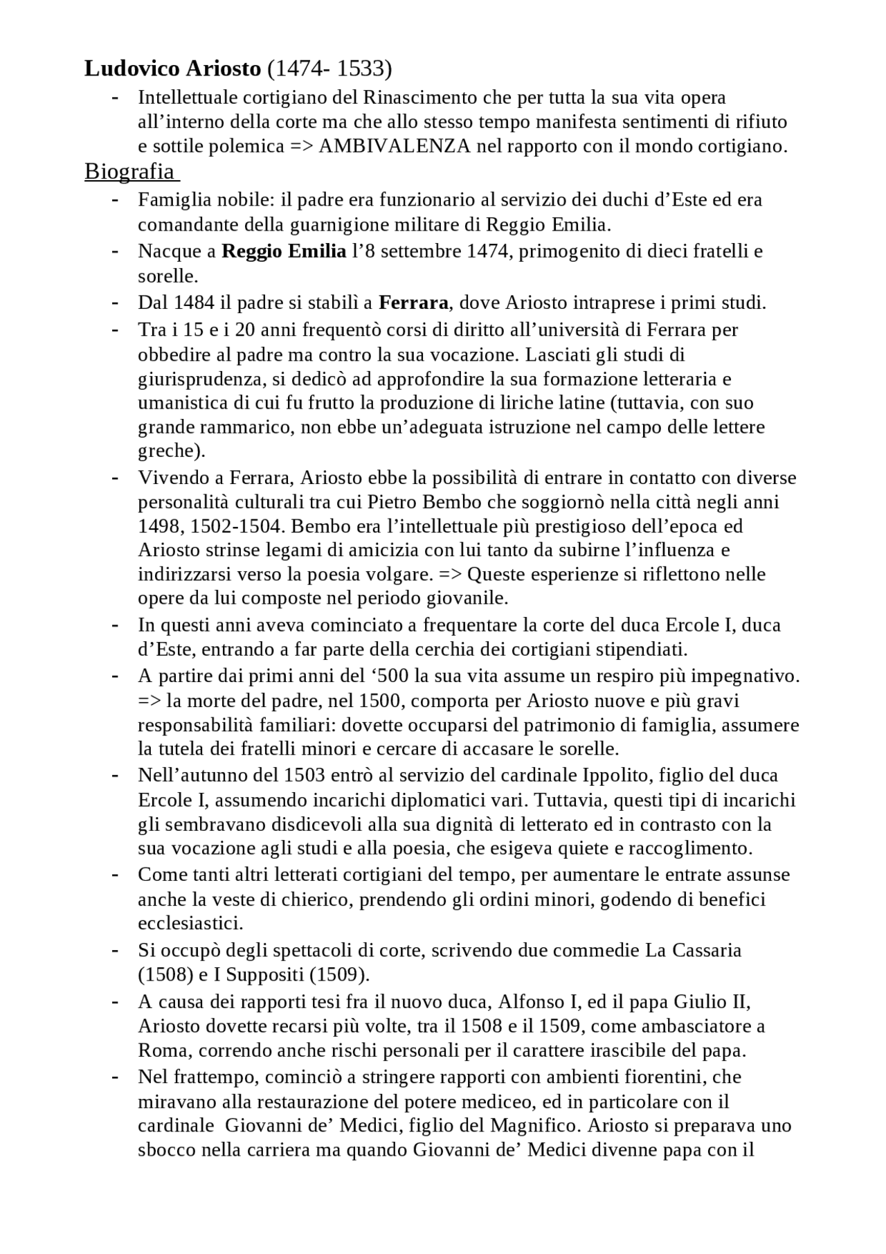 Ludovico Ariosto (vita e opere) - Docsity