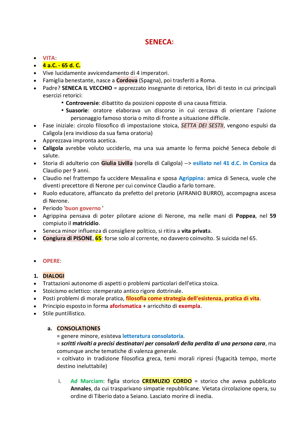 Seneca con riferimento alle sue opere più importanti - Docsity