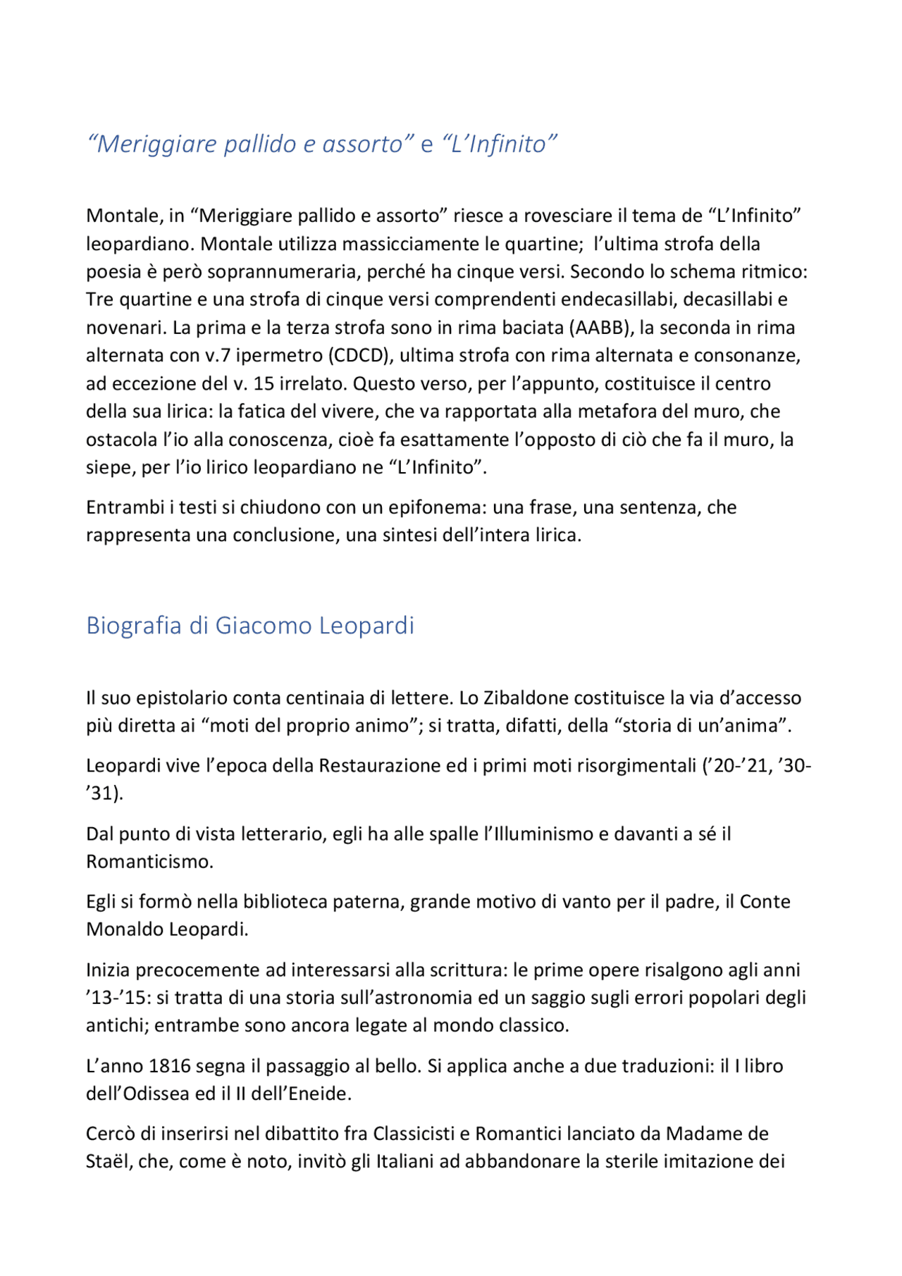 I Canti Di Leopardi E Ossi Di Seppia Di Montale Docsity