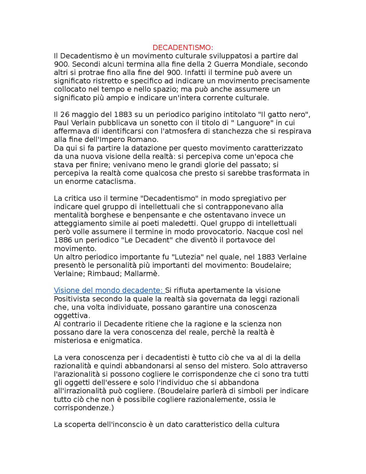 Il Decadentismo Italiano Piacere Dei Testi Docsity