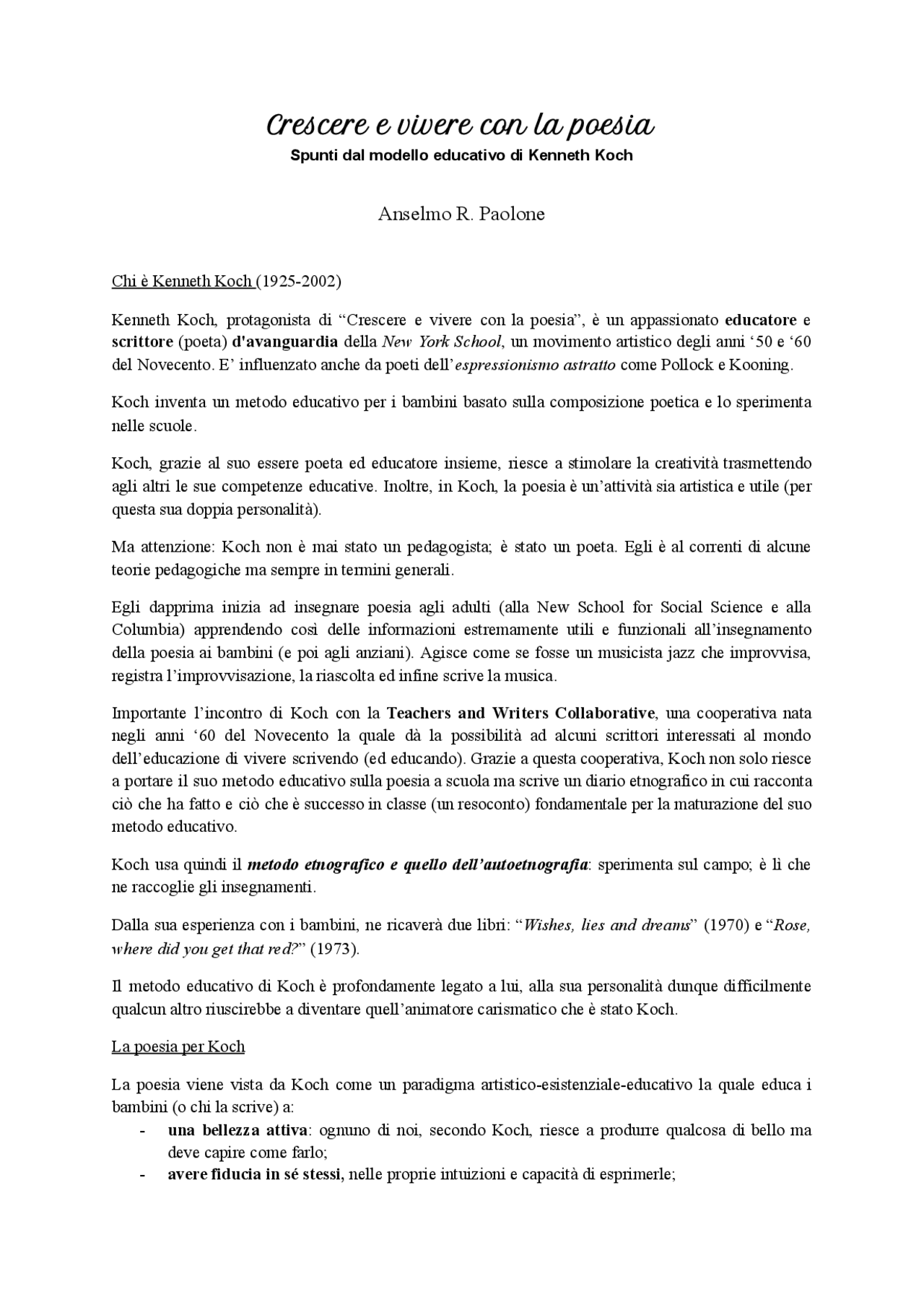 Riassunto Crescere E Vivere Con La Poesia Di Anselmo R Paolone Docsity