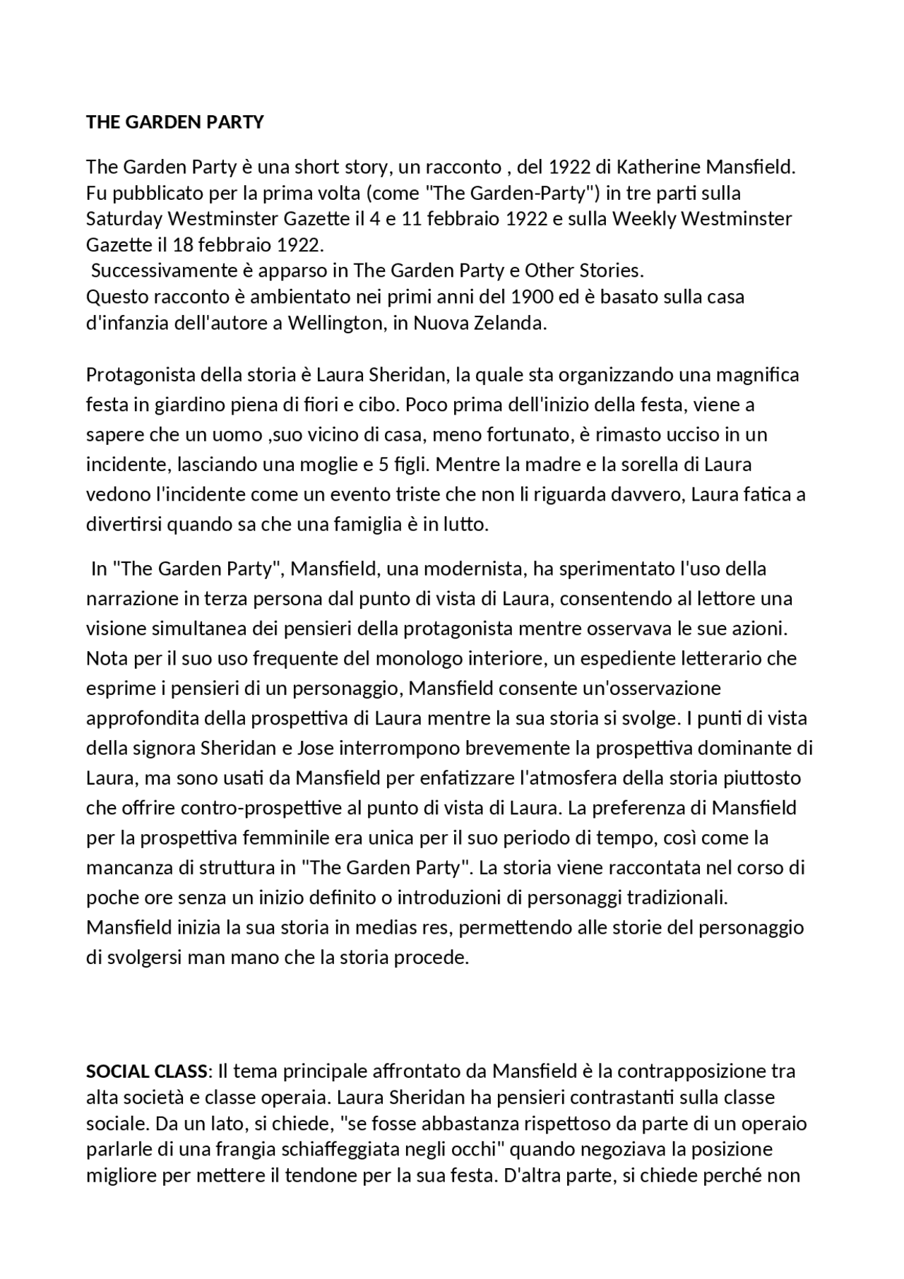 The garden Party - Mansfield | Appunti di Letteratura Inglese | Docsity