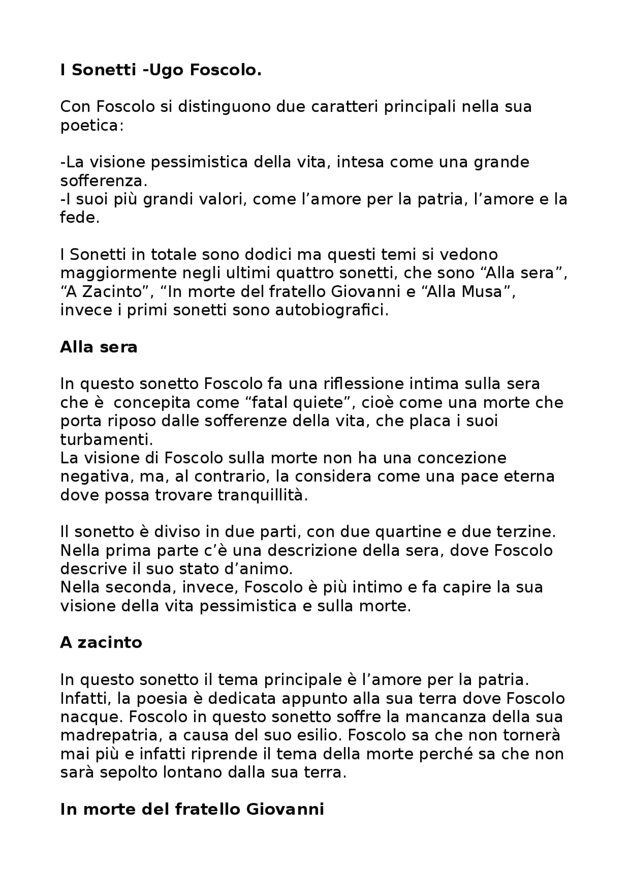 Appunti Foscolo E Opere Docsity