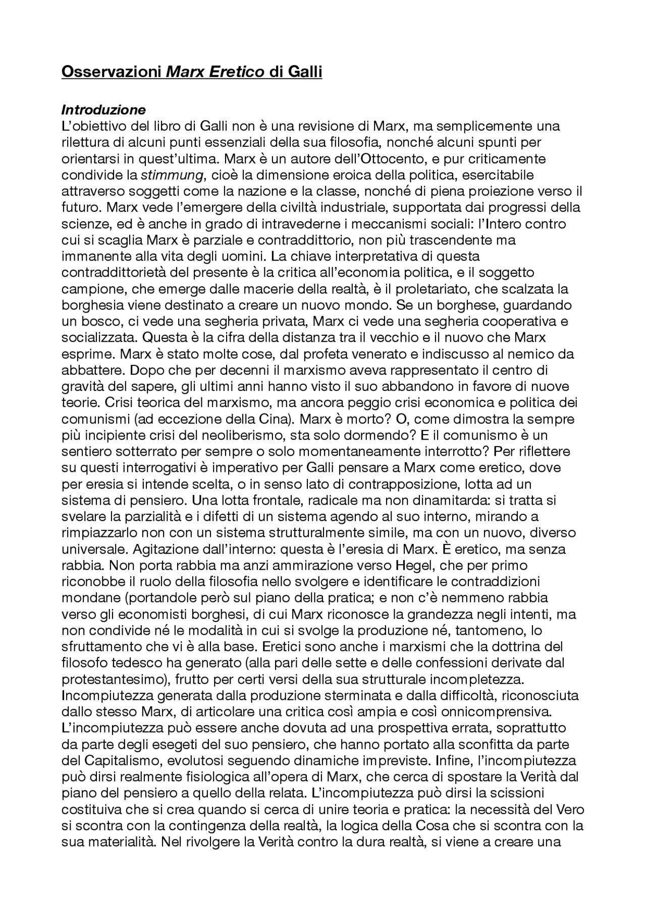 Riassunto Marx Eretico Di Carlo Galli Docsity