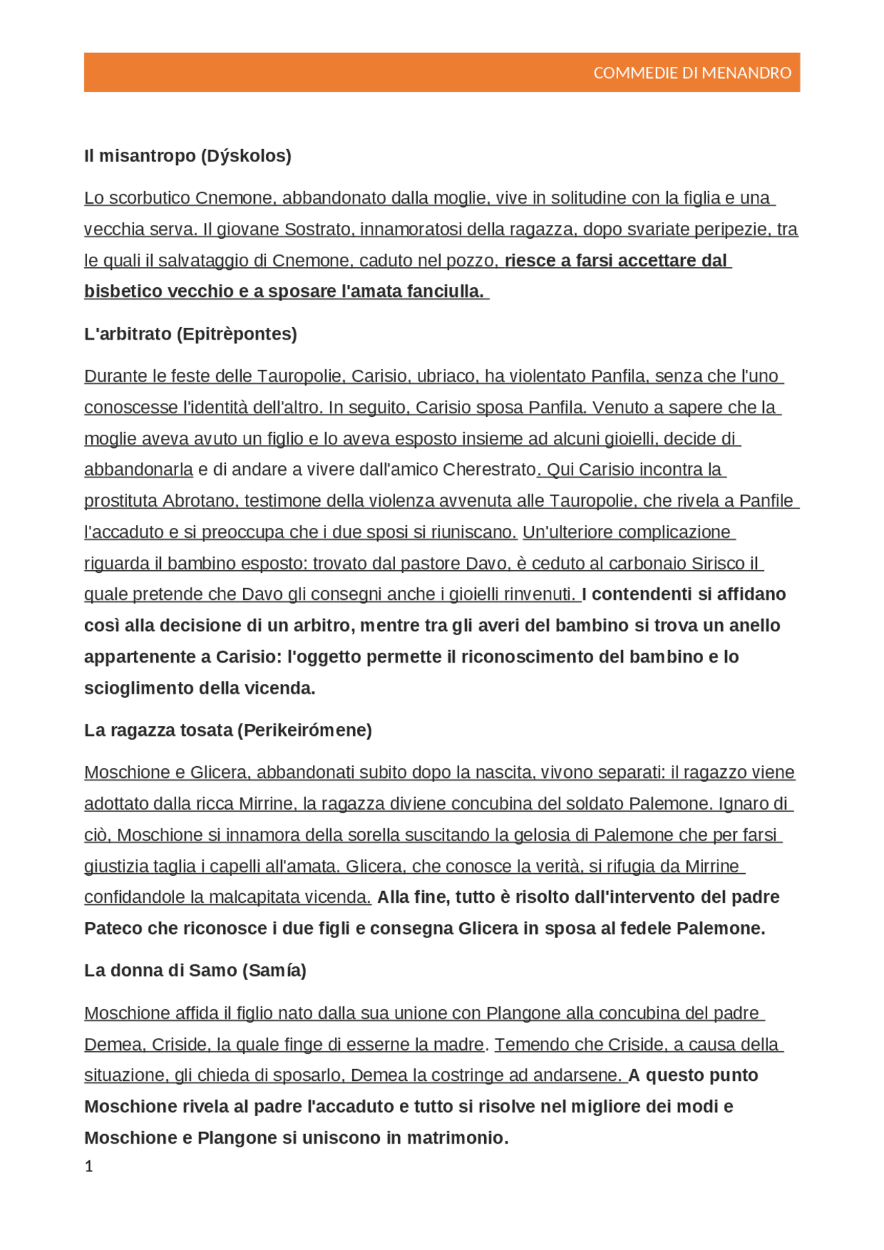 Sintesi Commedie Di Menandro Docsity