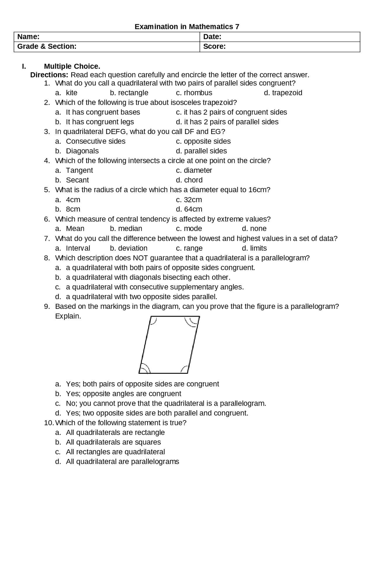 Mathematics Examination Docsity