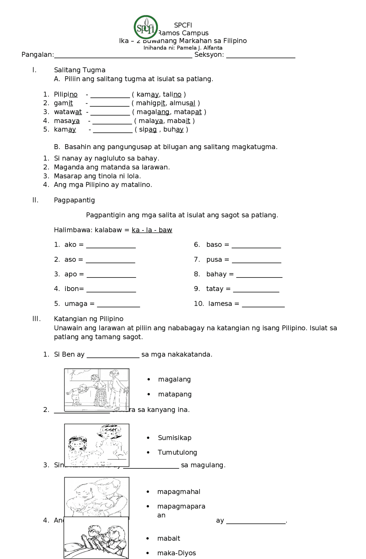 Filipino examination | Exams English Language | Docsity