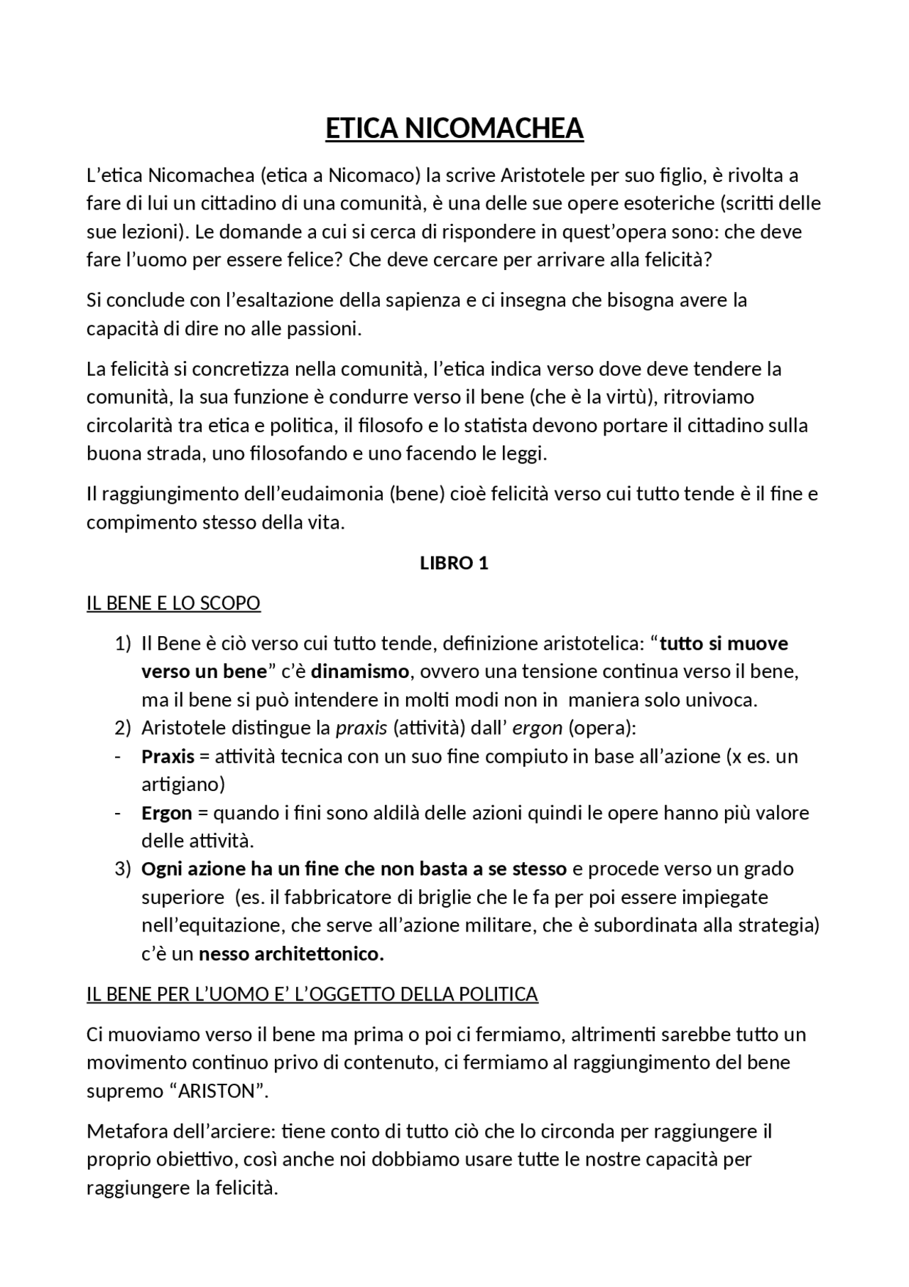 Etica Nicomachea Riassunto E Spiegazione Docsity