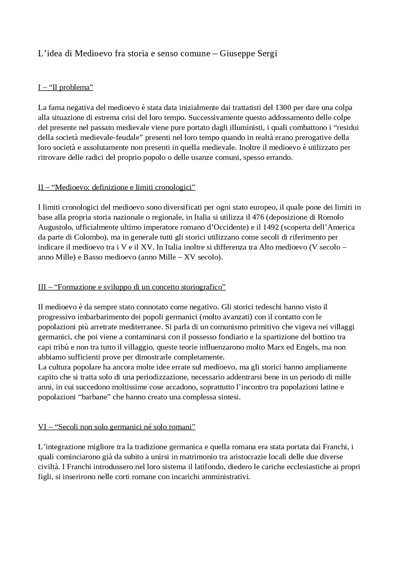 Lidea Di Medioevo Fra Storia E Senso Comune Giuseppe Sergi Docsity