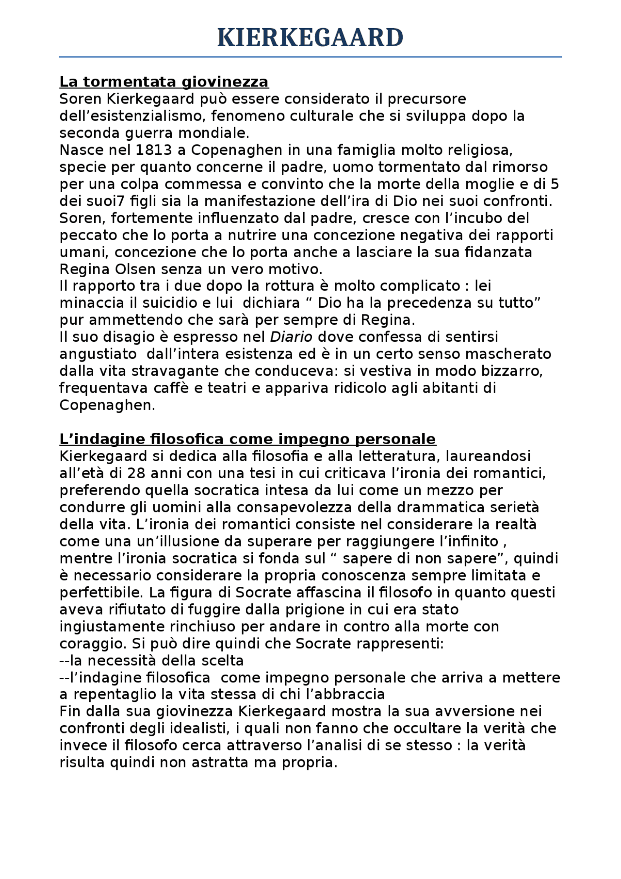 Riassunto Kierkegaard Docsity