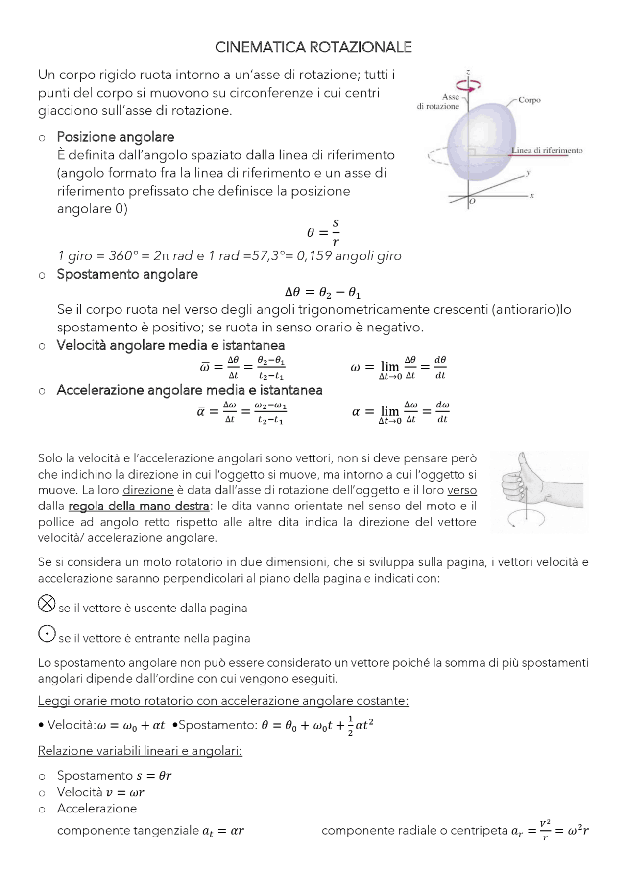 Formulario cinematica e dinamica rotazionale | Formulari di Fisica | Docsity