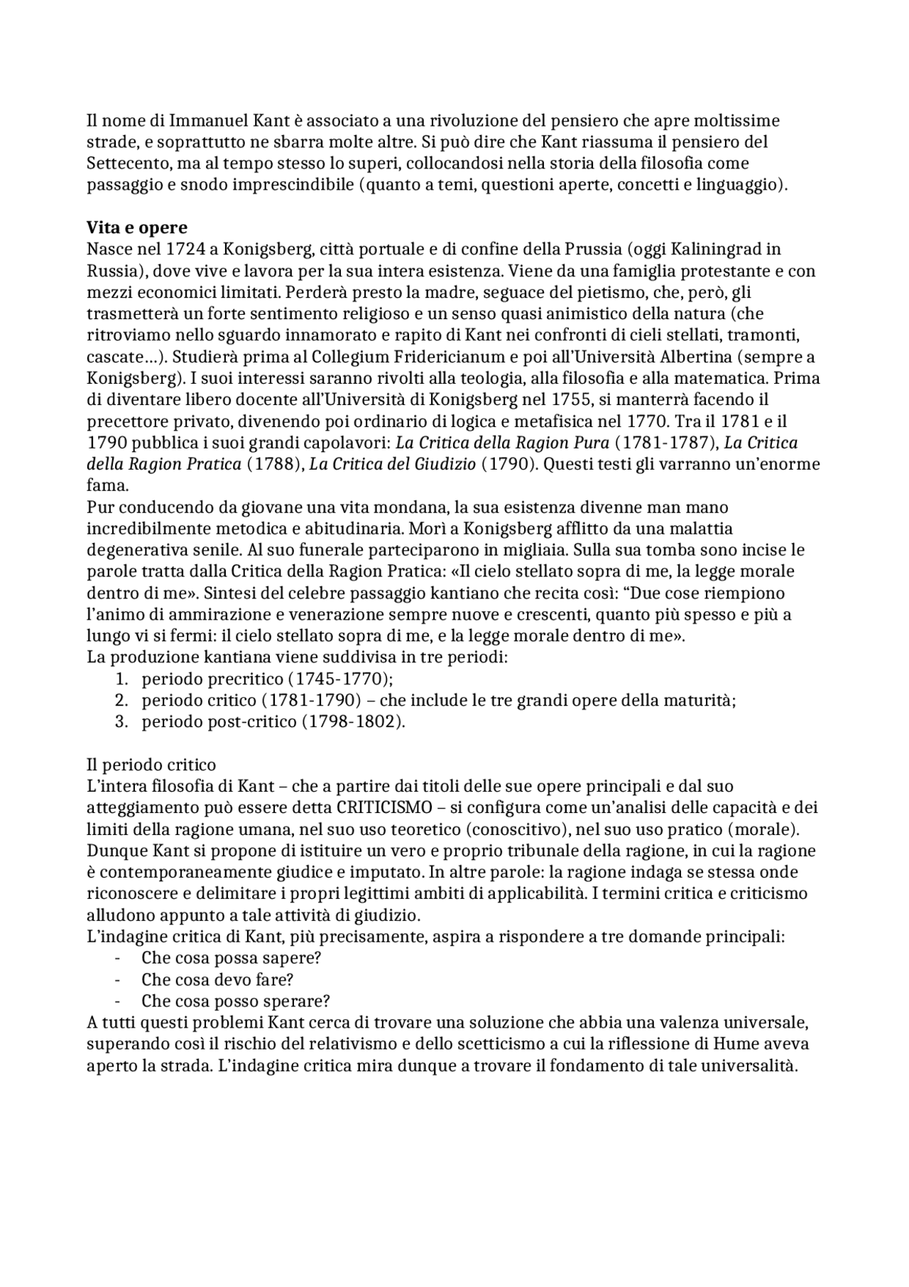 Appunti Su Kant Vita E Opere Docsity
