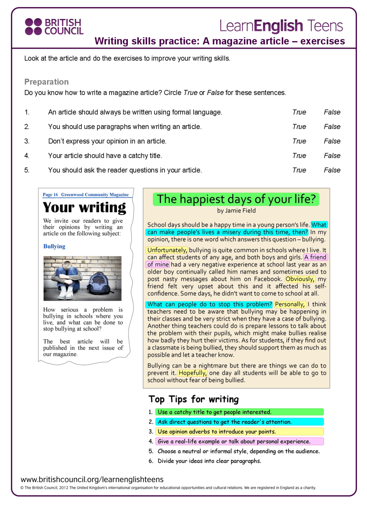 Writing skills practice: A magazine article – exercises | Ejercicios de ...