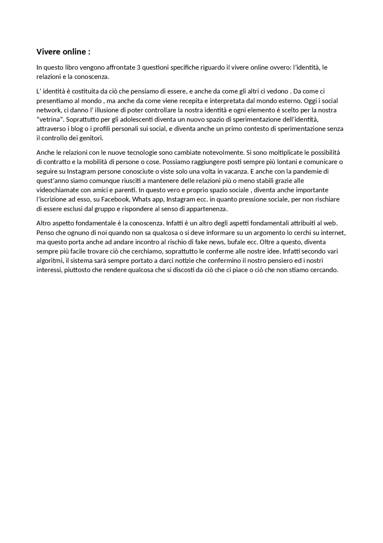 Recensione Di Vivere Online Docsity