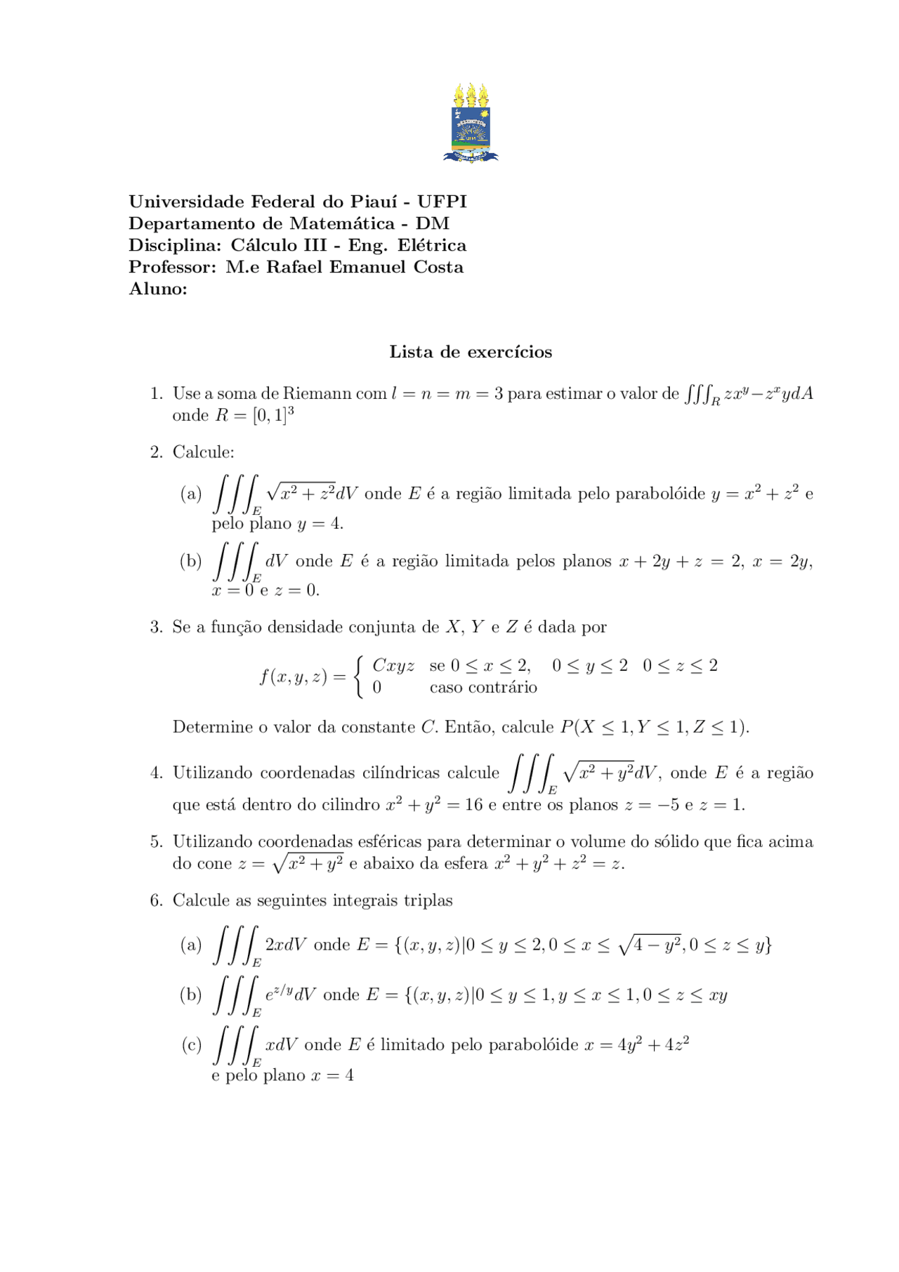 Lista de calculo 3 - exercícios - Docsity