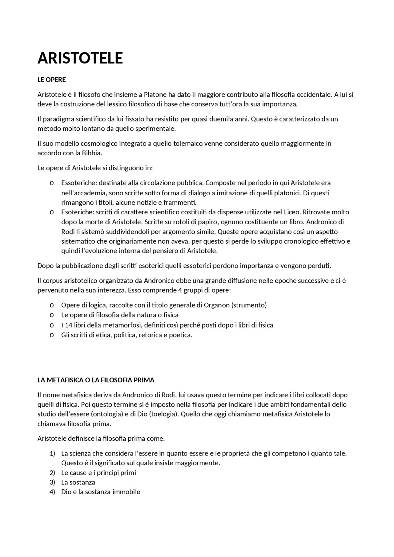 Aristotele- opere, metafisica, cosmologia, teologia - Docsity