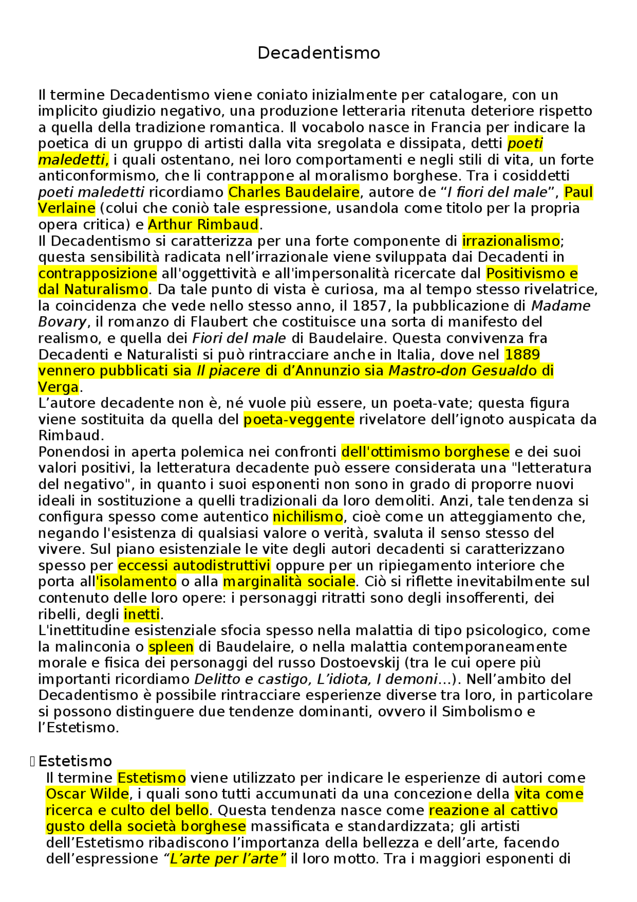 Decadentismo E Poeti Maledetti Docsity