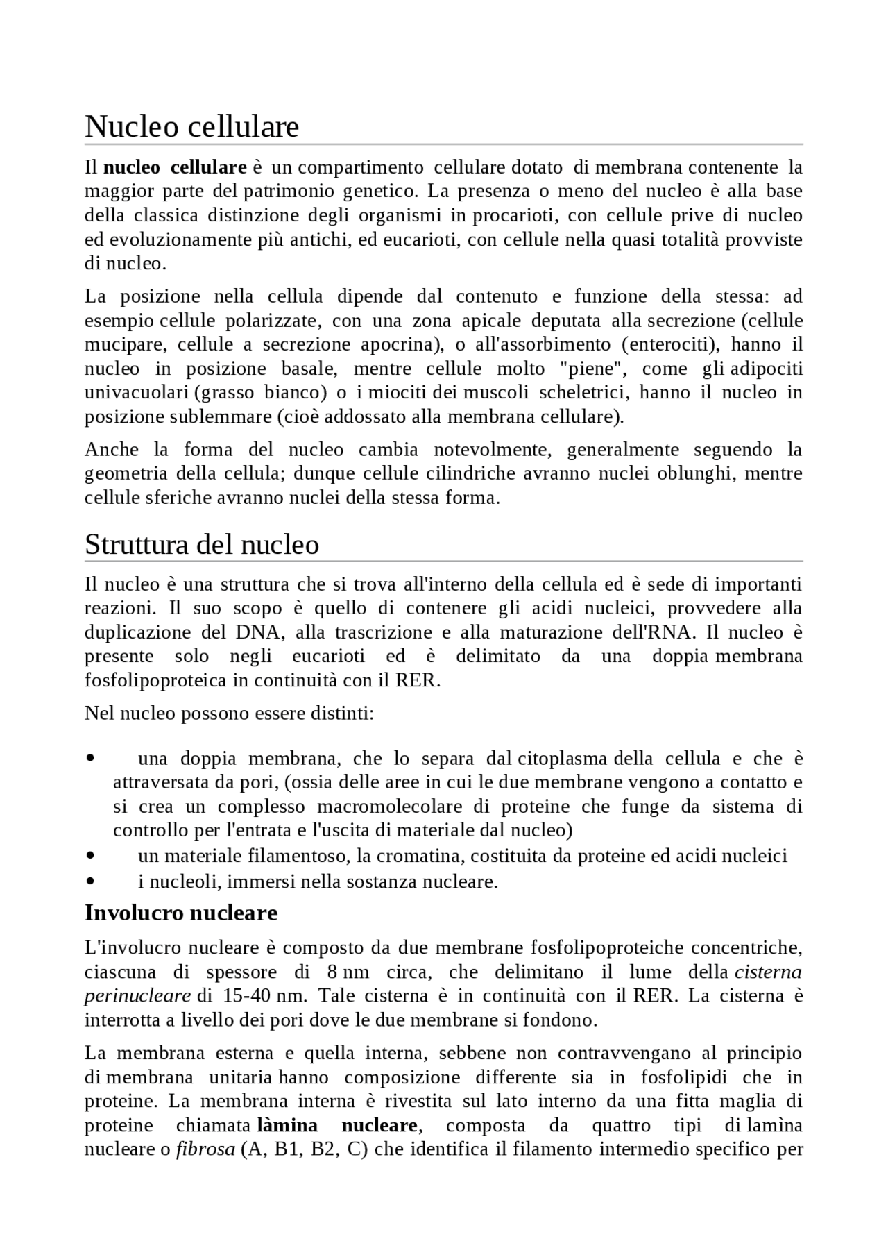 Nucleo cellulare e la sua struttura - Docsity