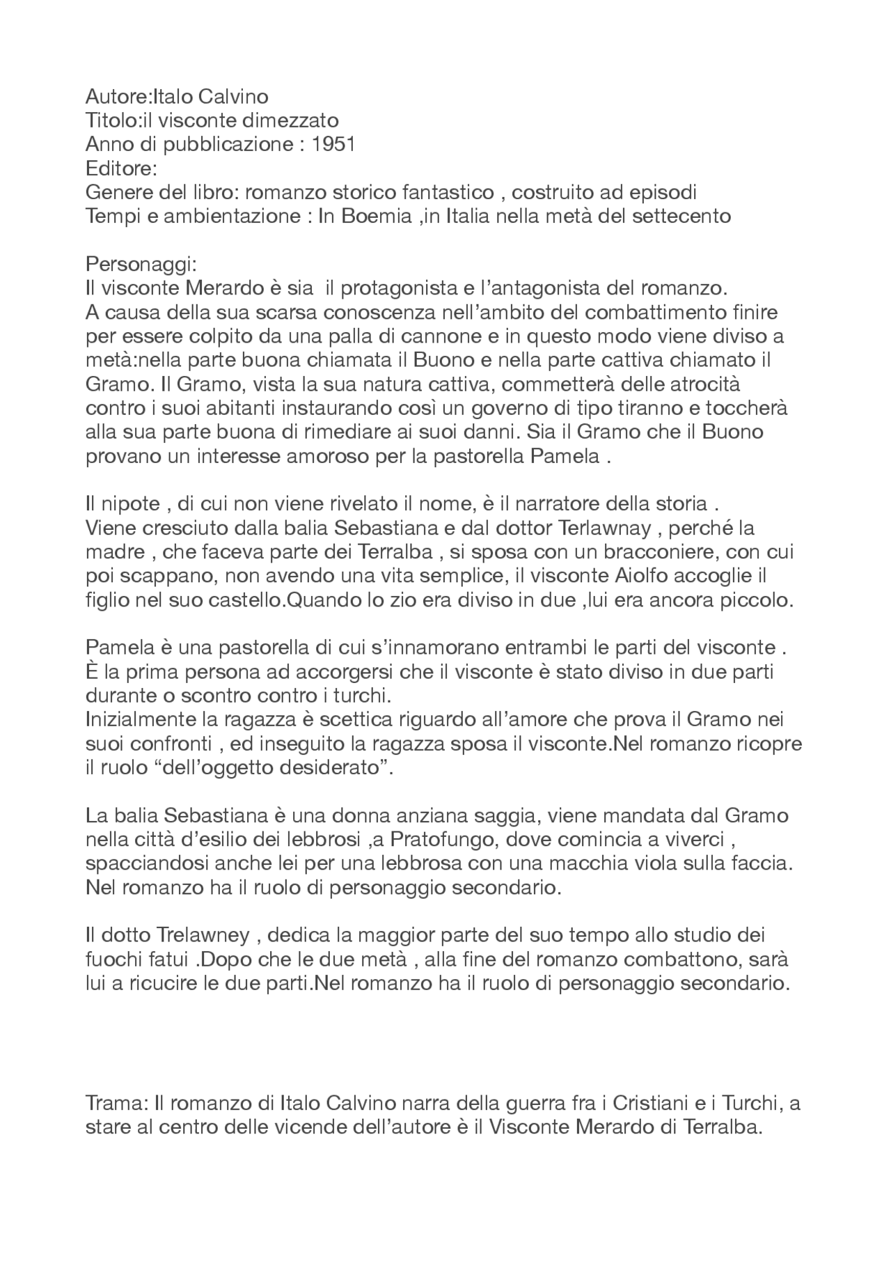 Riassunto E Analisi Del Visconte Dimezzato Di Italo Calvino Docsity