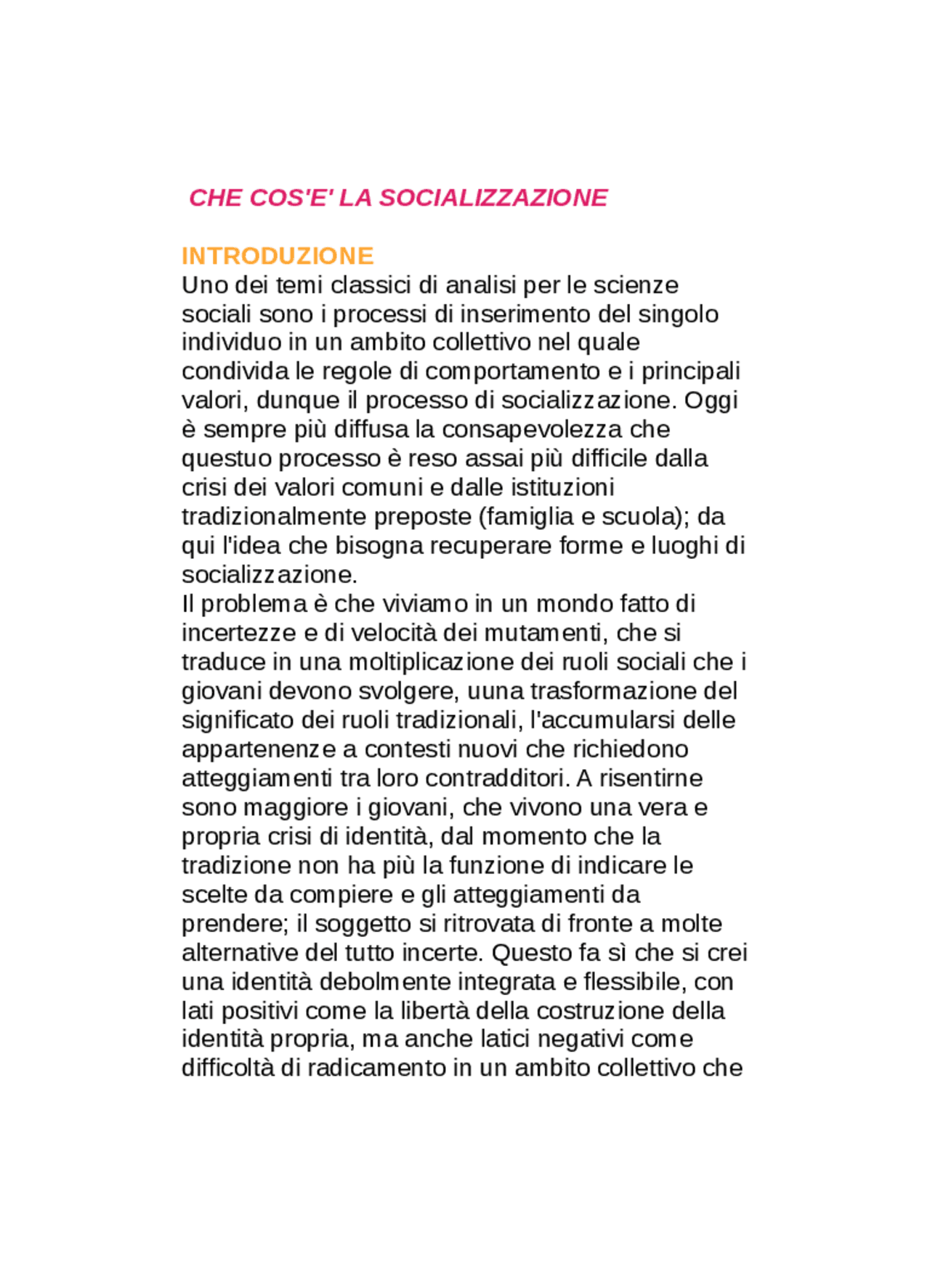 Che cos'è la socializzazione - Docsity