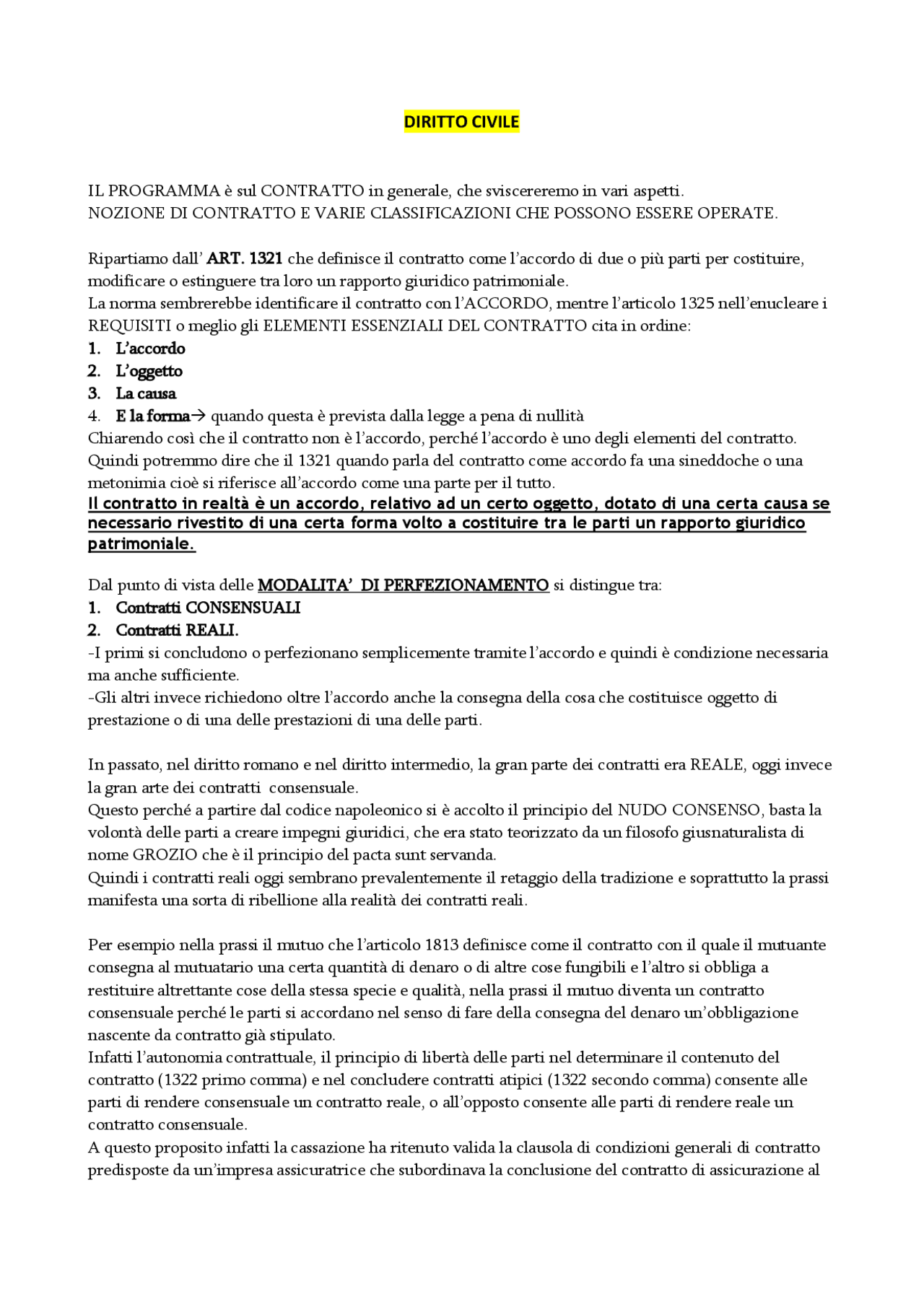 Appunti Sbobbinati E Completi Di Diritto Civile Il Contratto Docsity