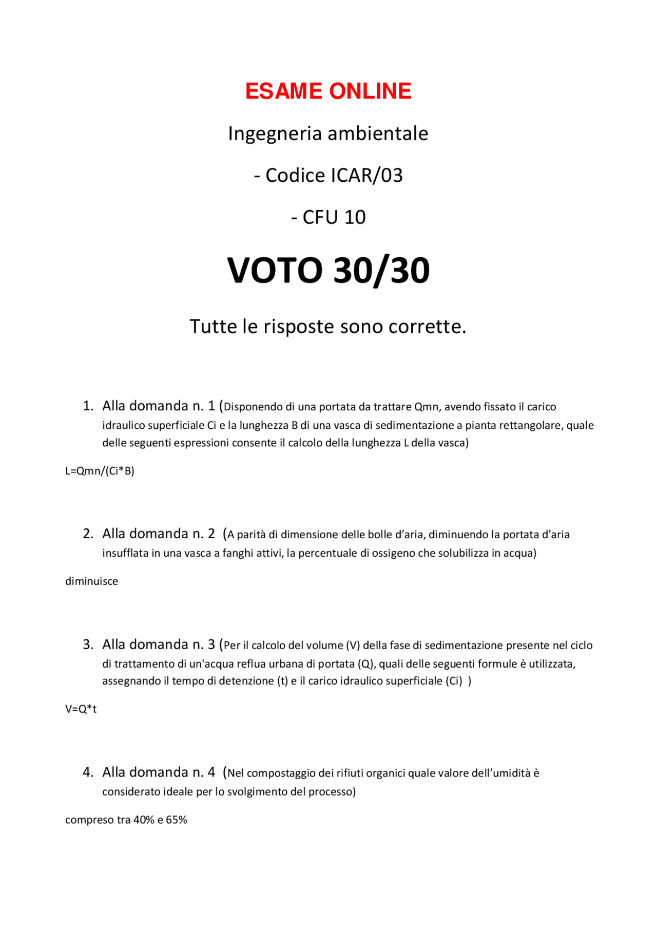 Ingegneria Ambientale Esame Online Voto 30 Docsity