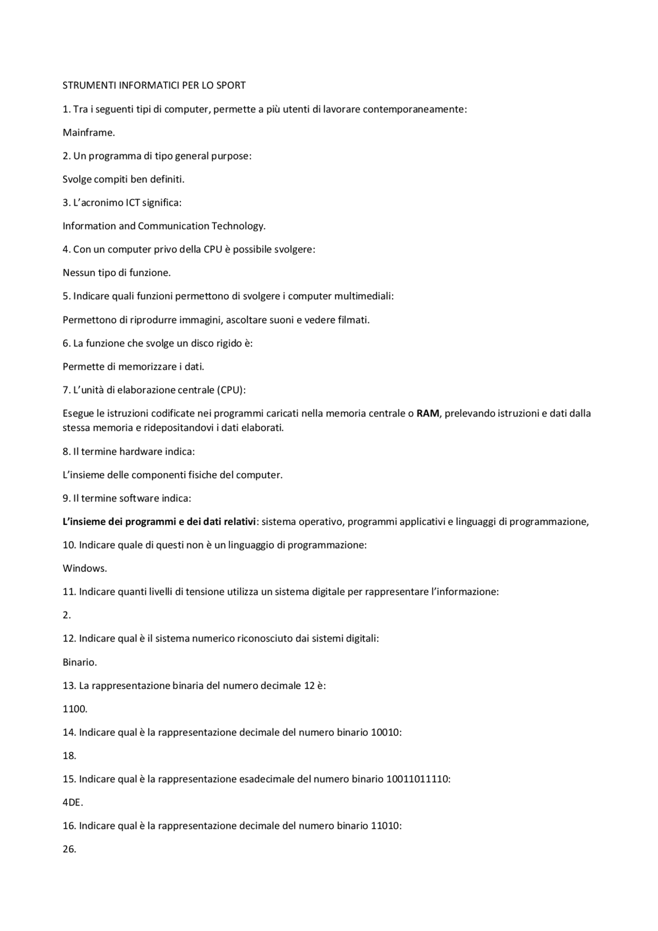 Strumenti Informatici Per Lo Sport Lm 47 Unipegaso Domande Docsity