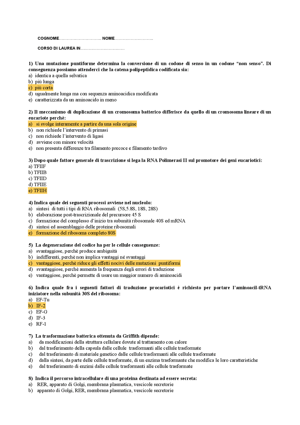 Prova Desame Biologa Karp Docsity