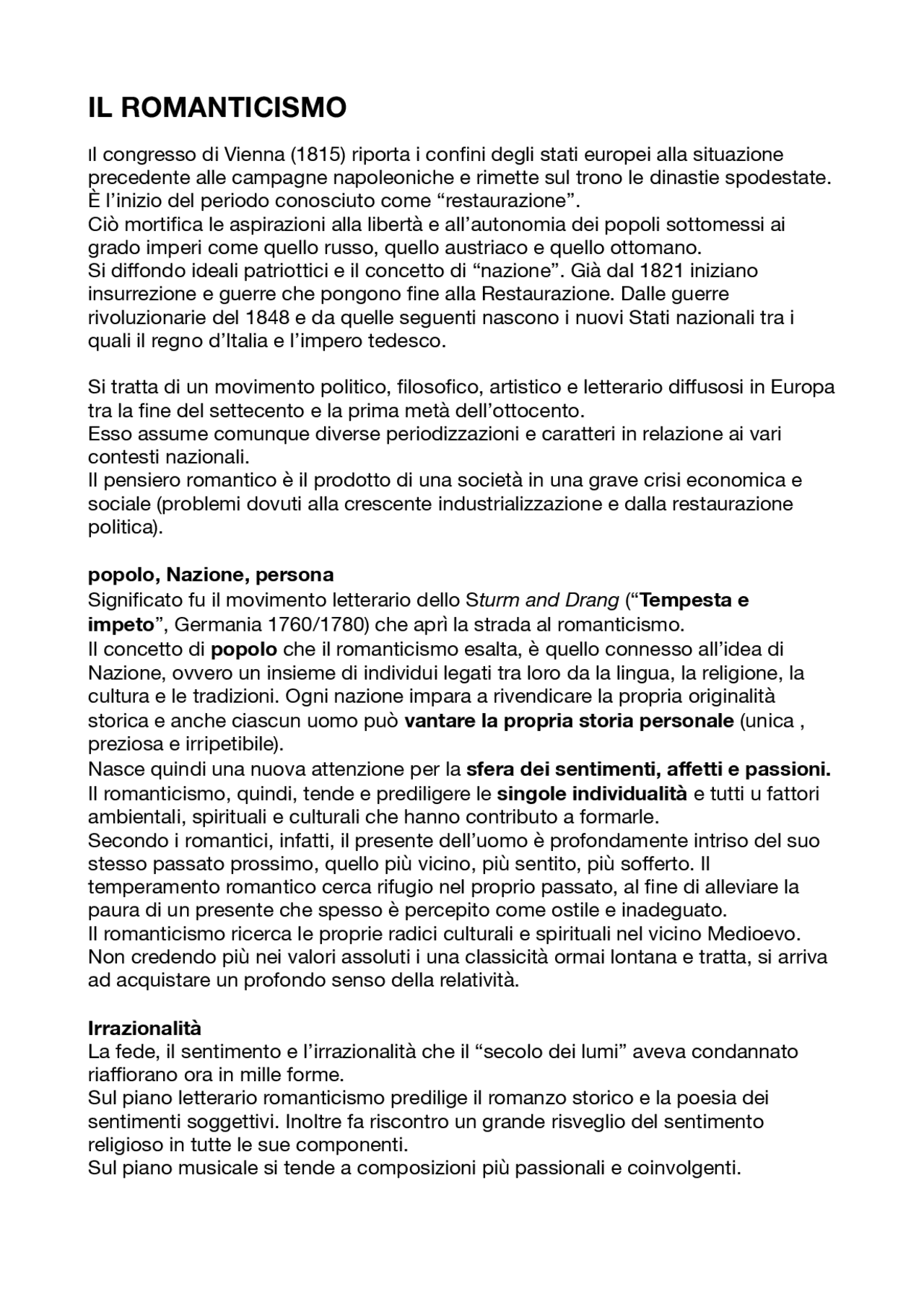 IL ROMANTICISMO, breve riassunto - Docsity