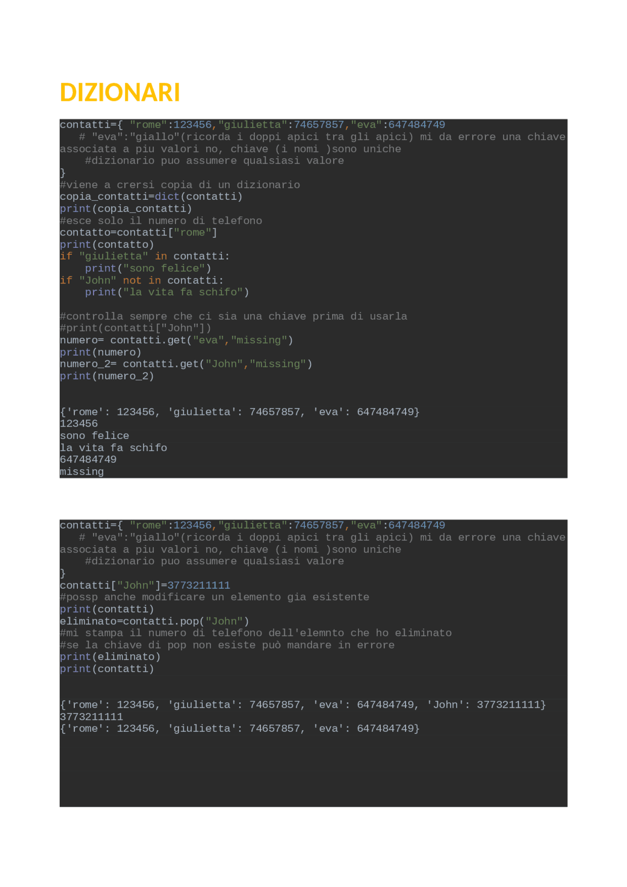 DIZIONARI-esempi funzione-Python - Docsity