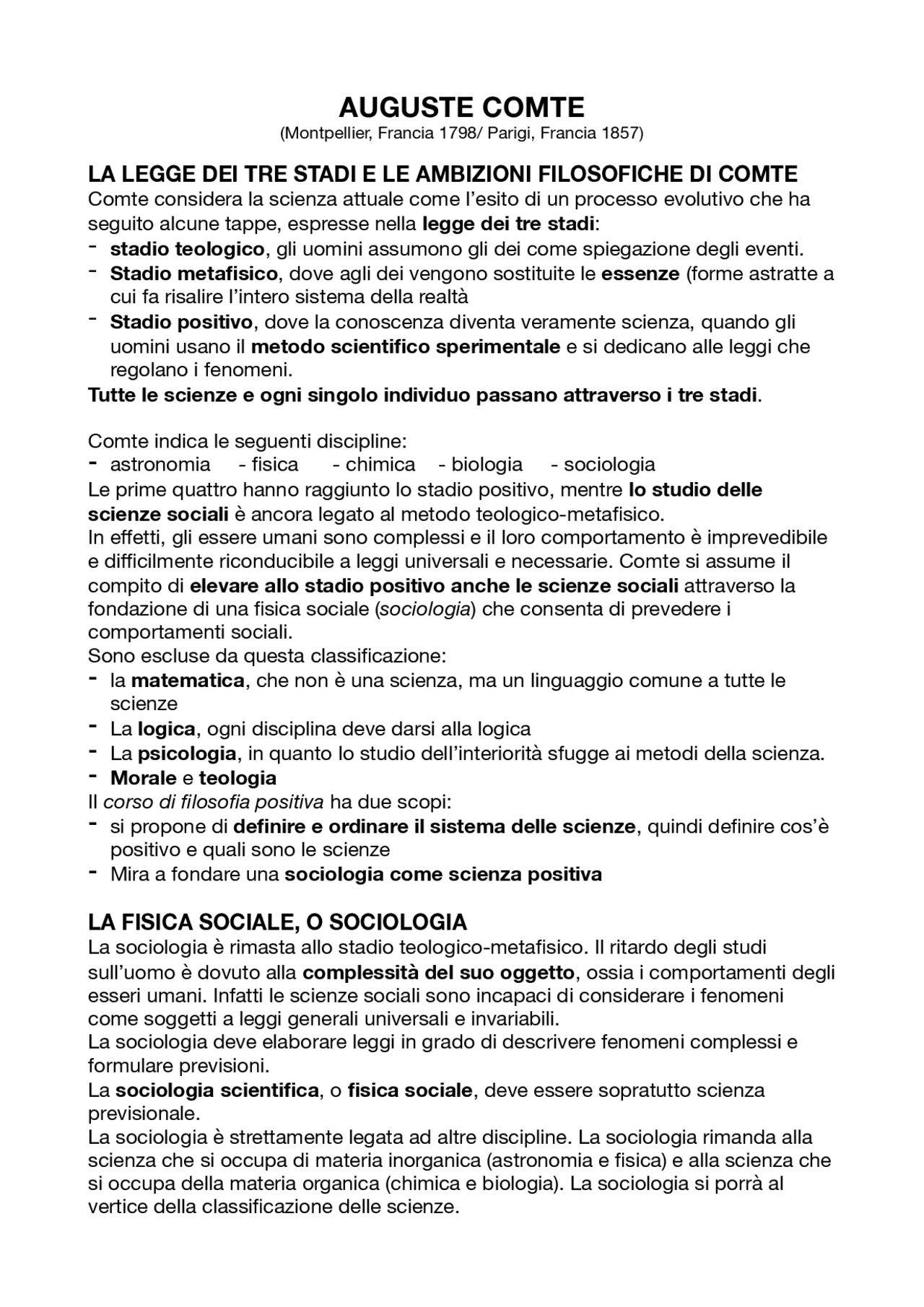 Auguste Comte Riassunti E Appunti Docsity