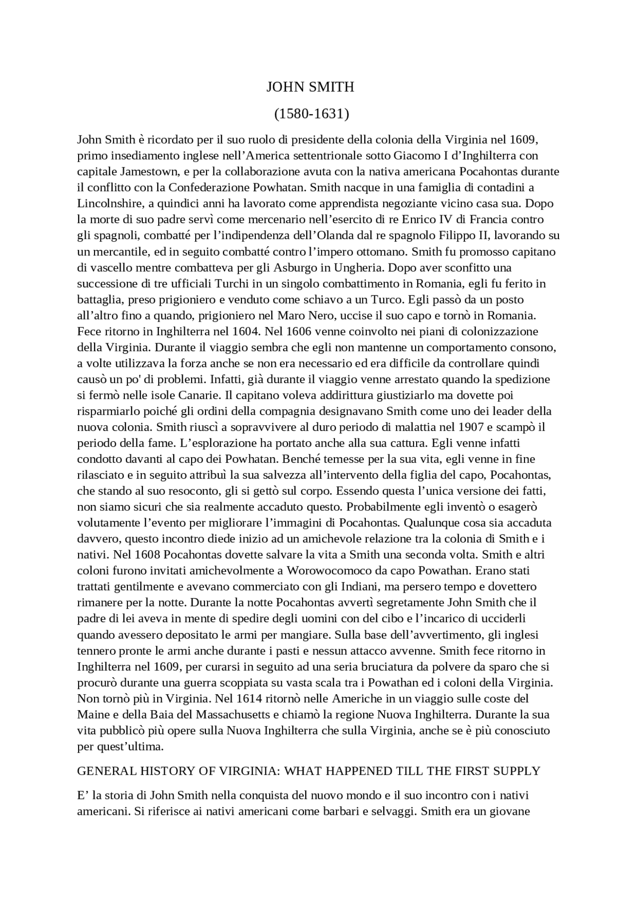 John Smith e The general history of Virginia | Appunti di Letteratura ...
