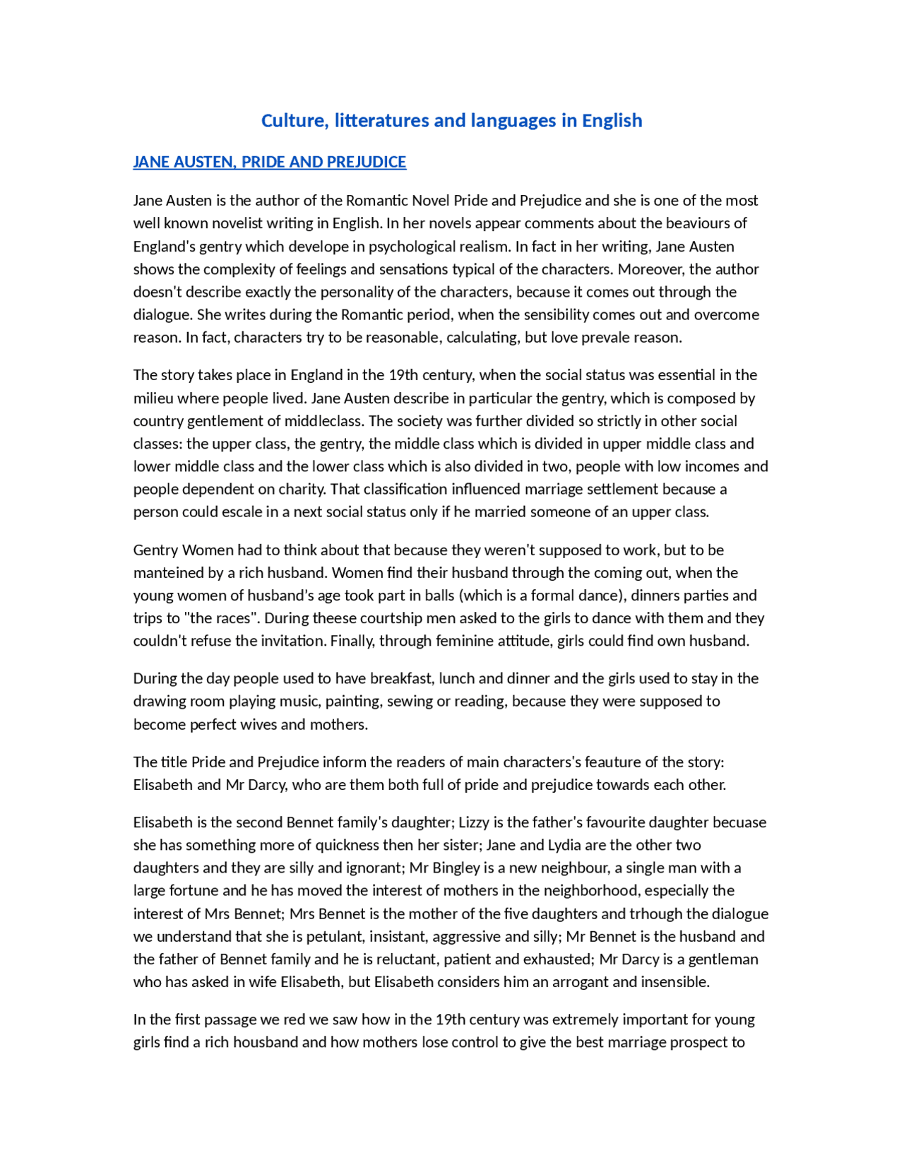 Pride and Prejudice, Jane Austen - riassunto | Sintesi del corso di ...