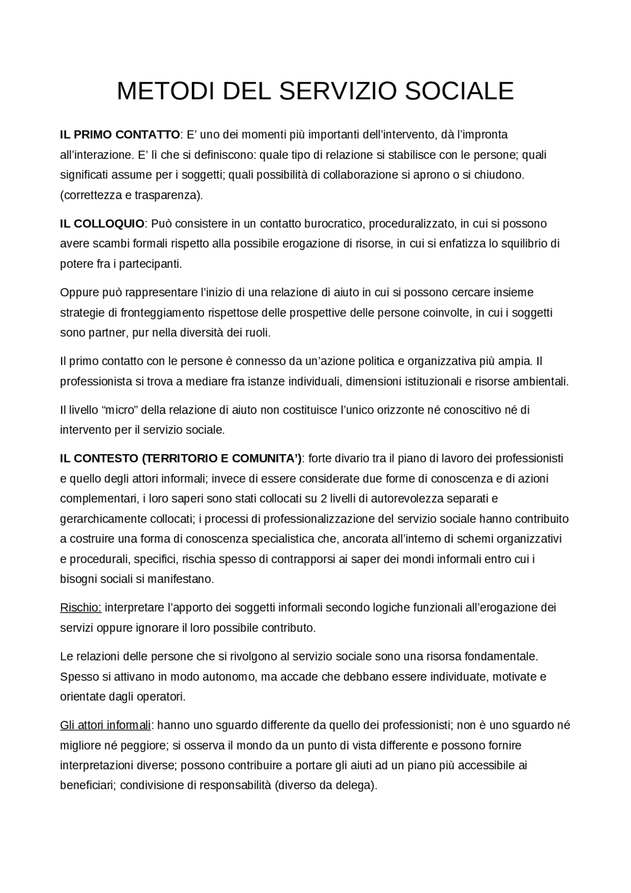 Principi E Metodi Del Servizio Sociale Docsity