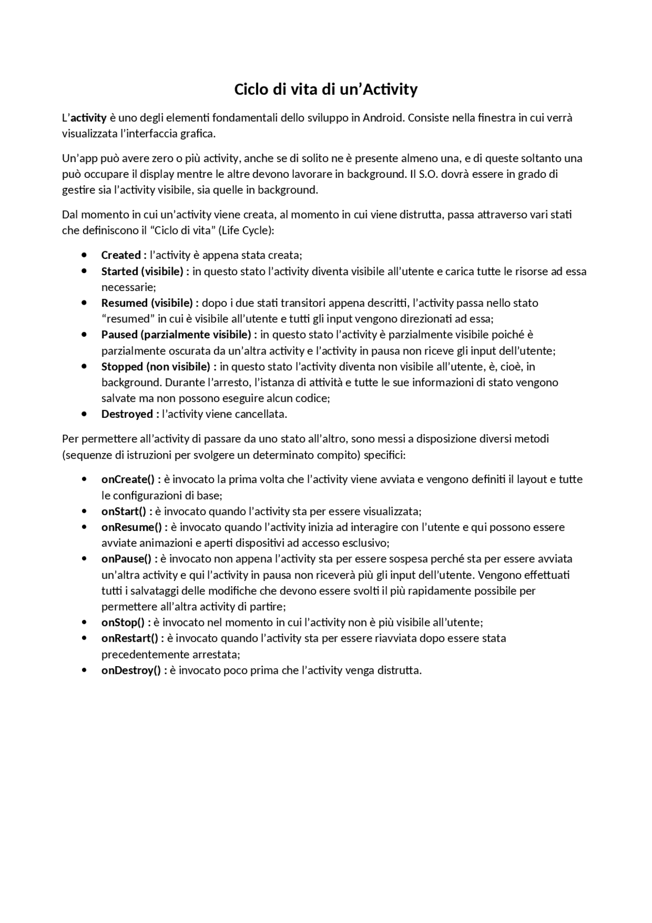 Programmazione di App - Ciclo di vita delle activity - Docsity