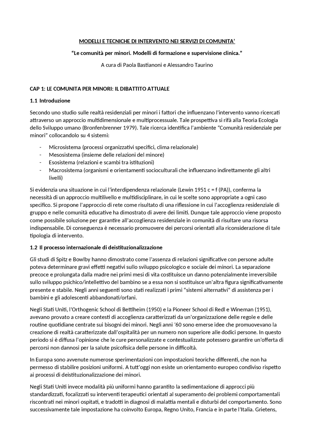 Le Comunità Per Minori Modelli Di Formazione E Supervisione Clinica