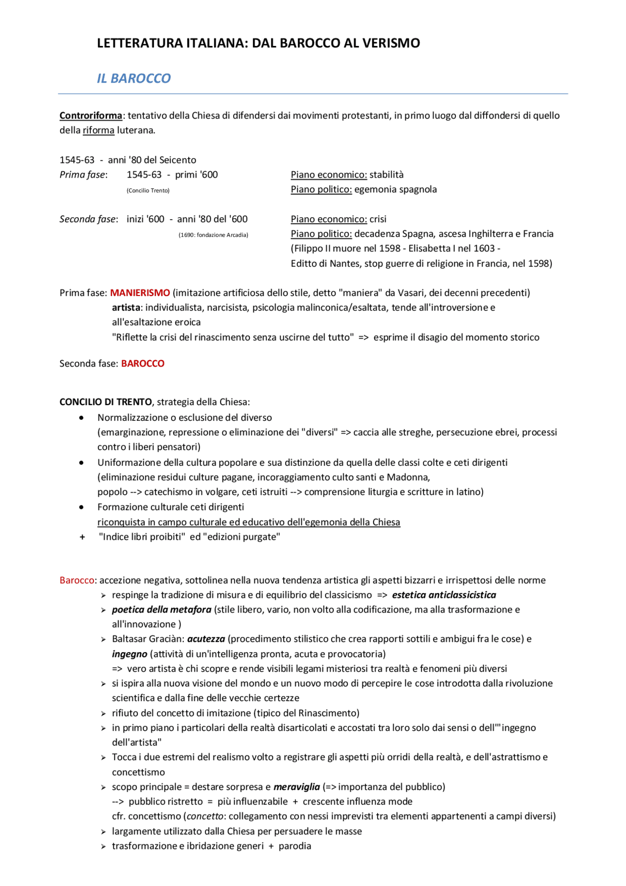 Gli autori dal Barocco al Verismo (Letteratura italiana) - Docsity