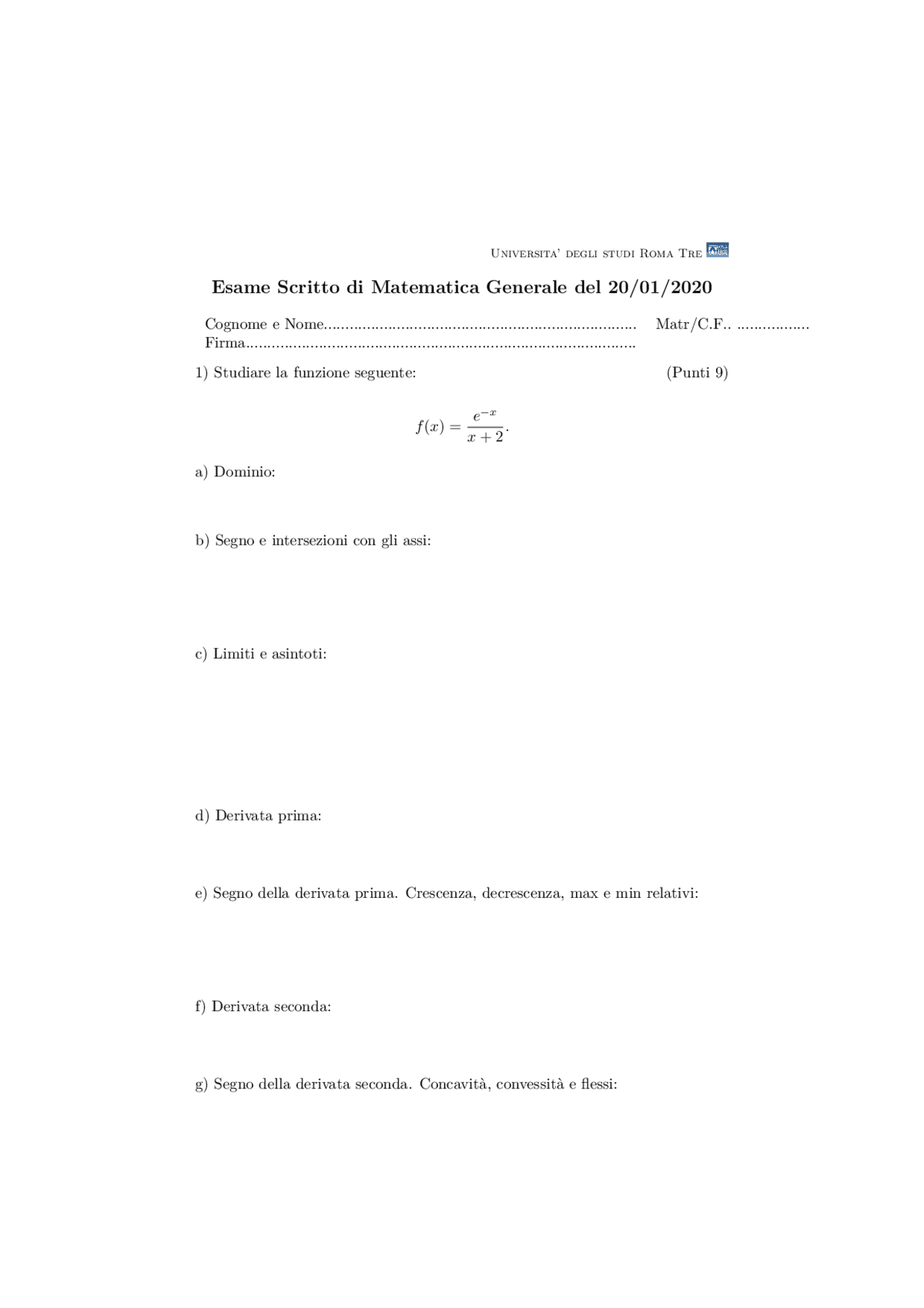 Prove Matematica Esame Primo Anno Economia Docsity
