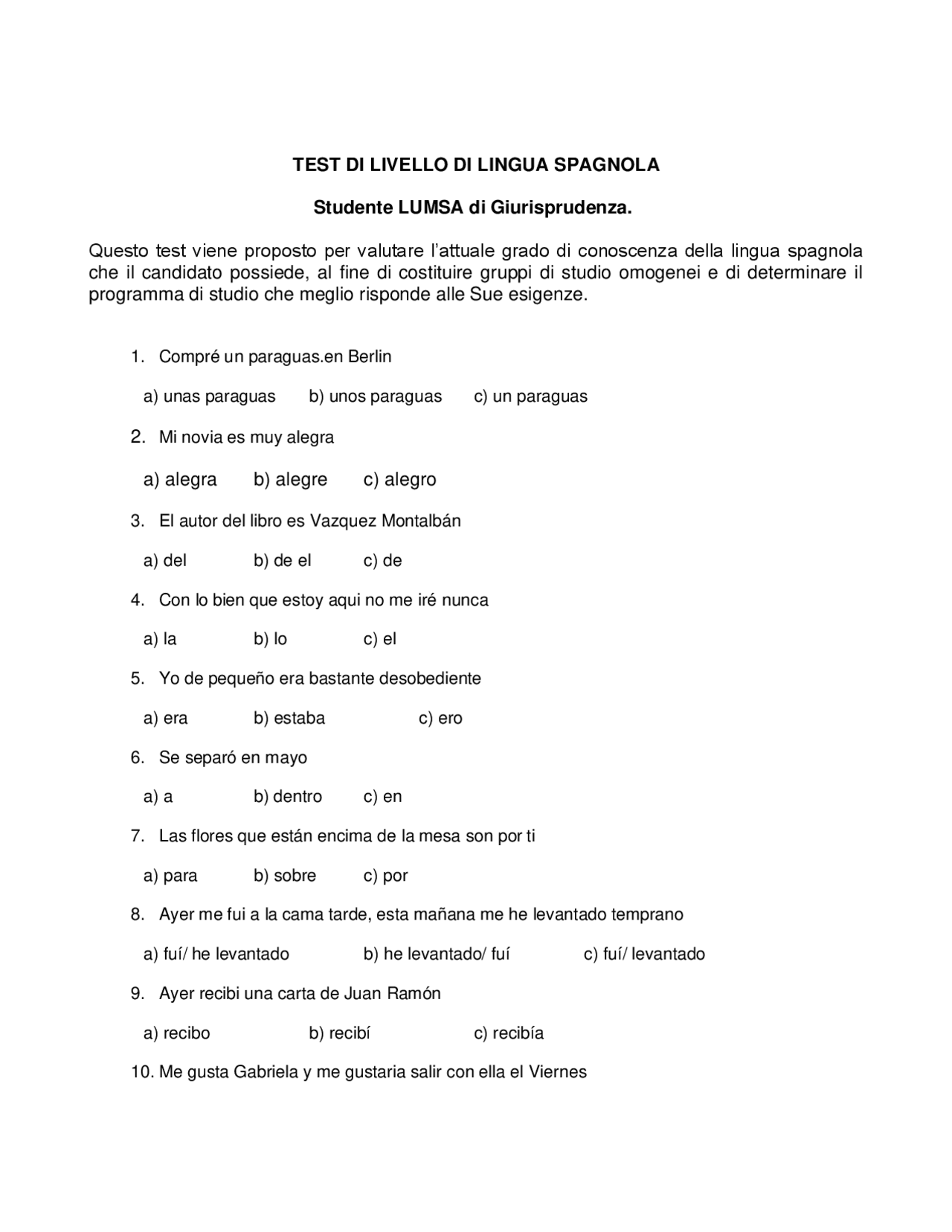 Test Lingua Spagnola Docsity