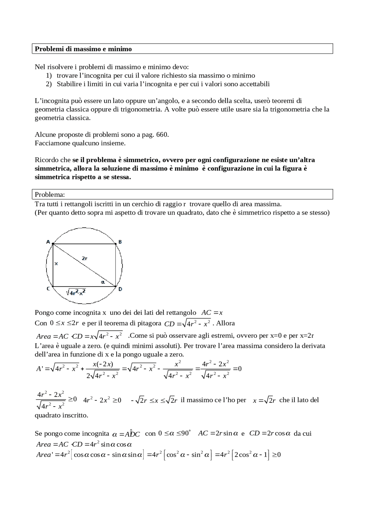 Problemi Di Massimo E Minimo Docsity