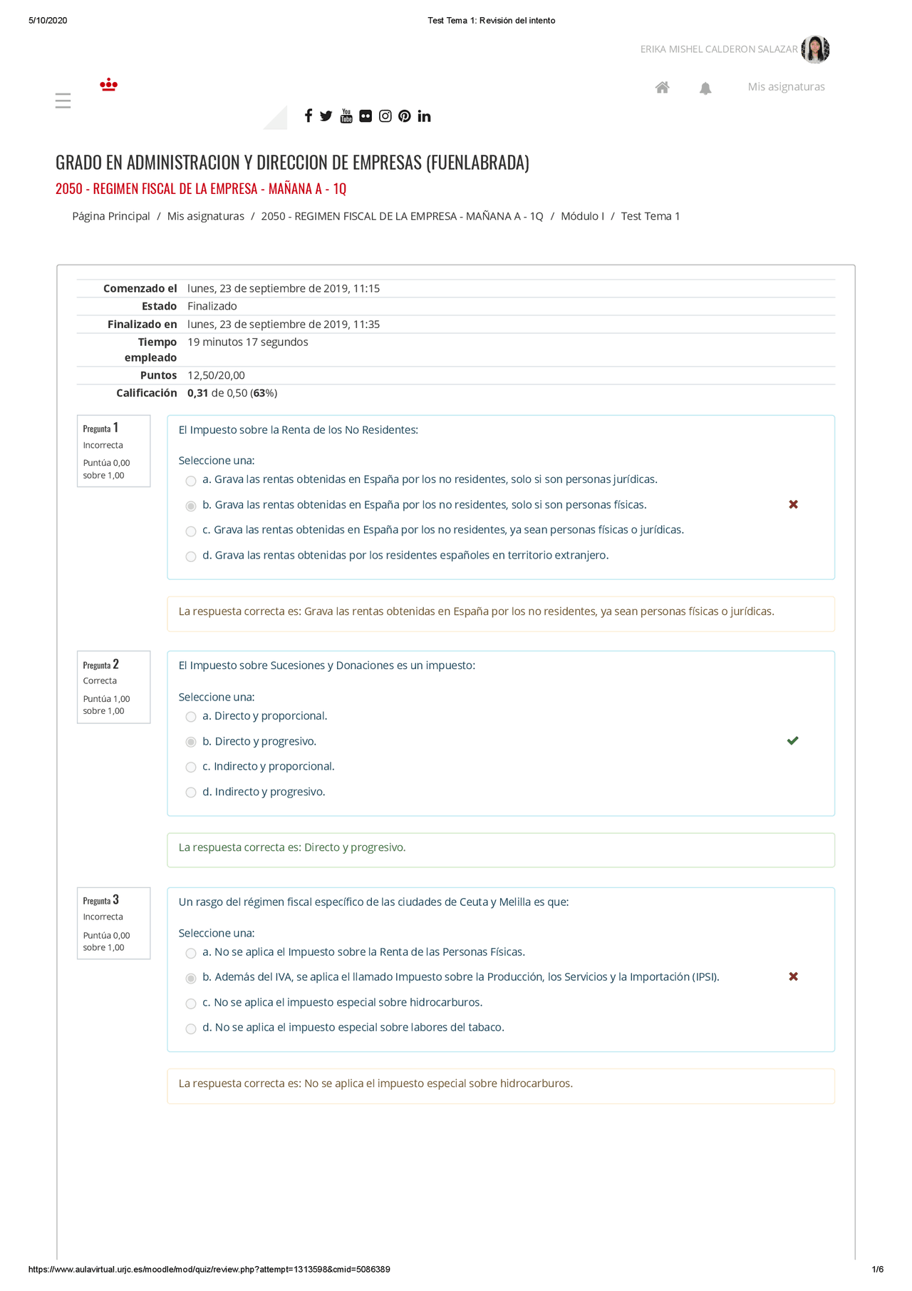 Tes T1 Regimen Fiscal Exámenes De Derecho Docsity