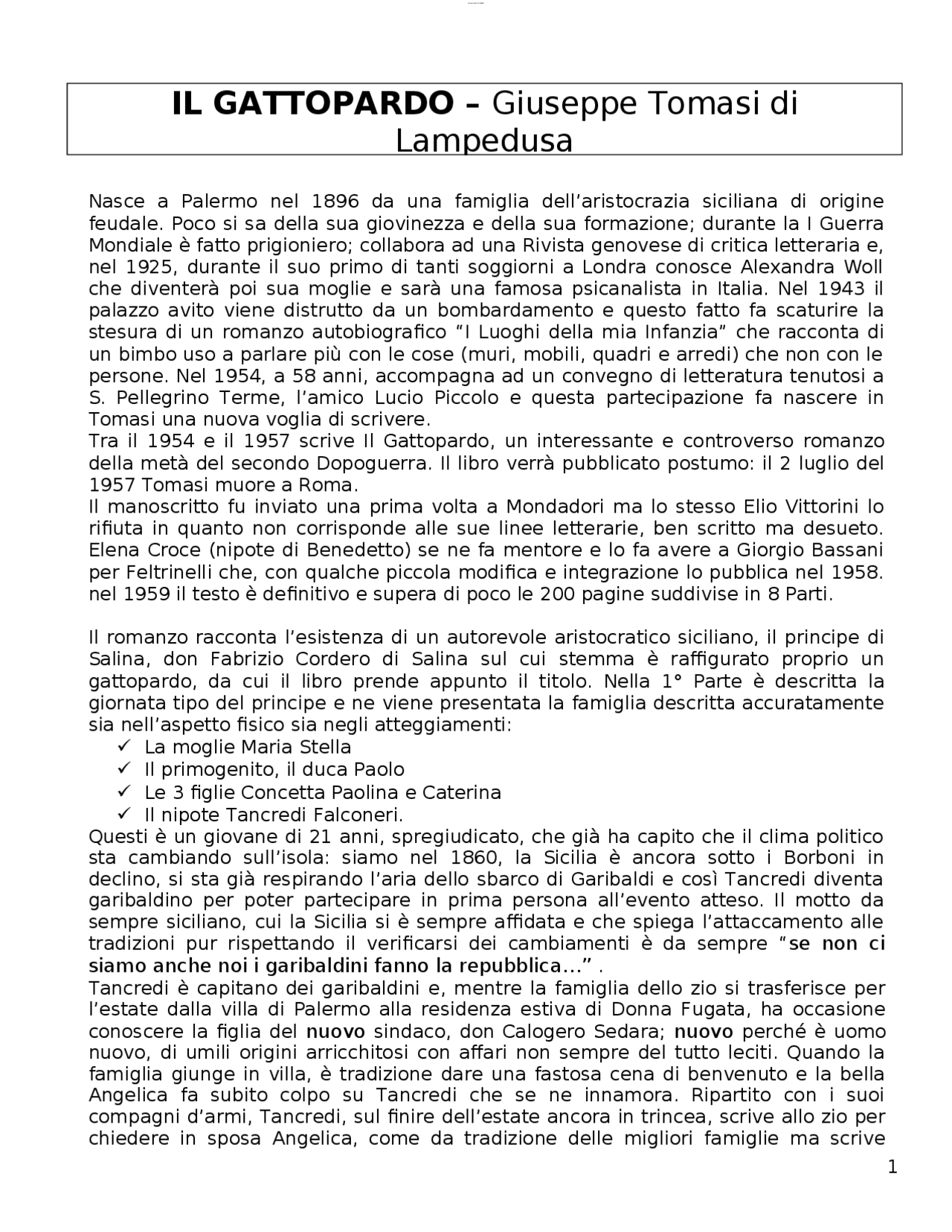 Il Gattopardo Giuseppe Tomasi Di Lampedusa Docsity