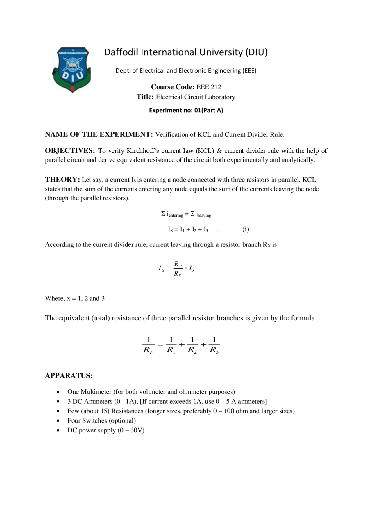 KCL lab sheet experiment - Docsity