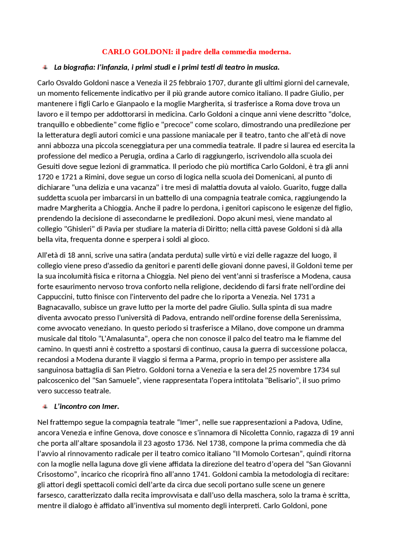 Riassunto Di Goldoni E G Parini Docsity