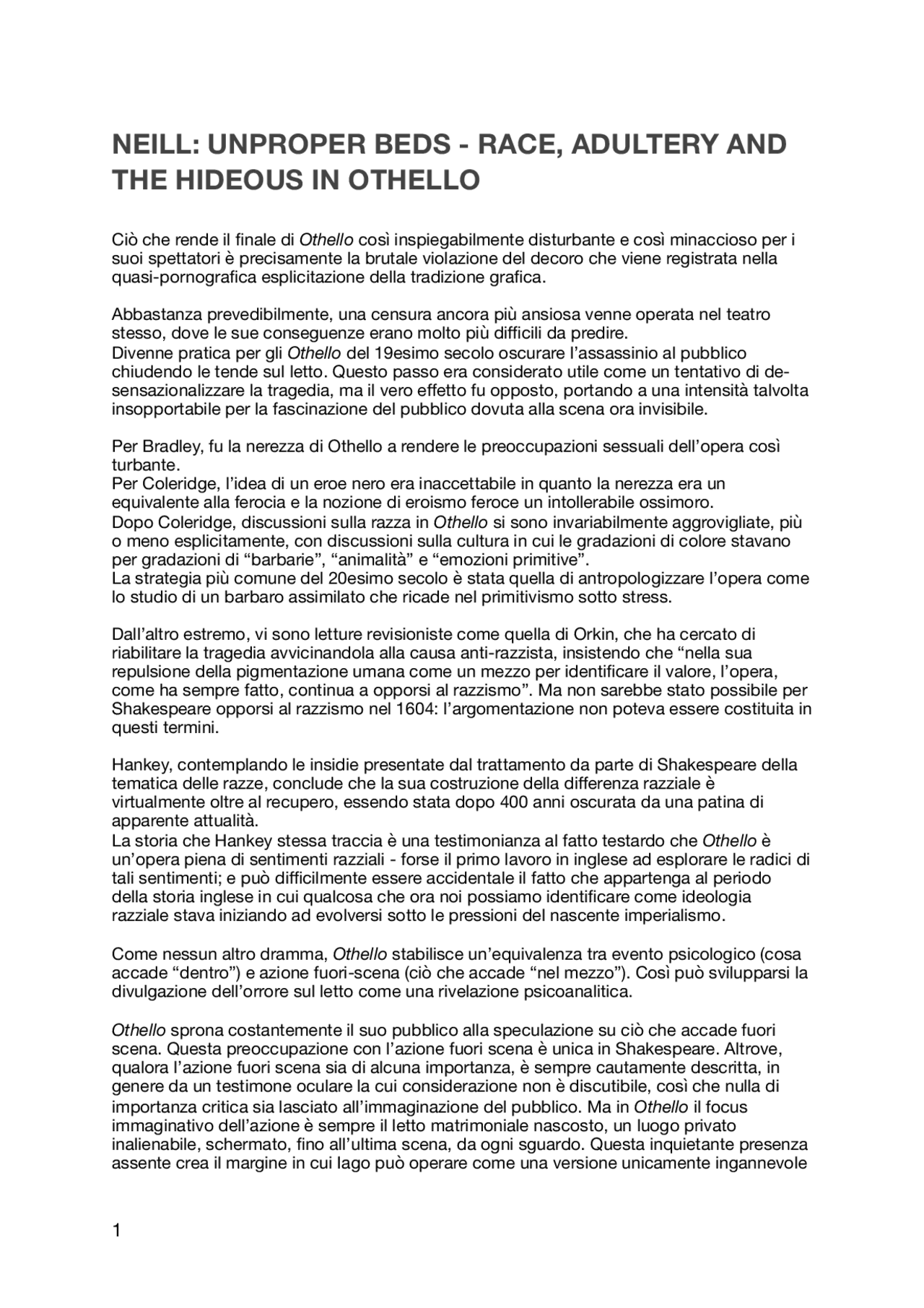 Neill - Unproper beds. Race, adultery and the hideous in Othello - Docsity