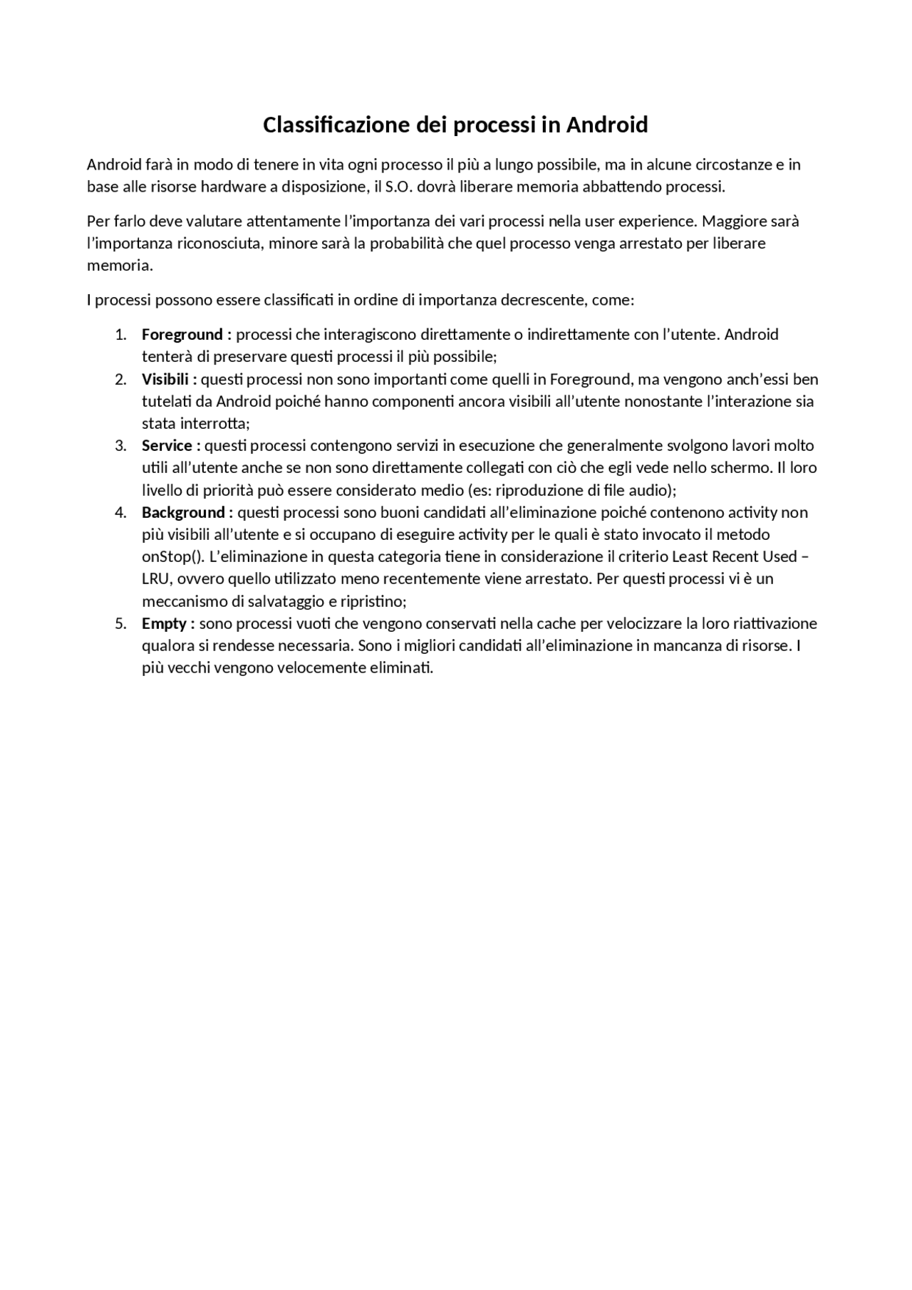Programmazione di App - Processi in Android - Docsity