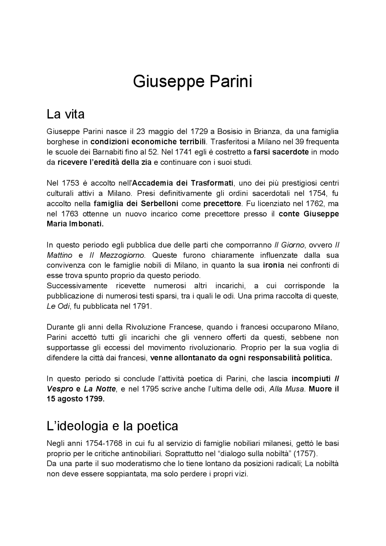 Giuseppe Parini Vita E Opere Docsity