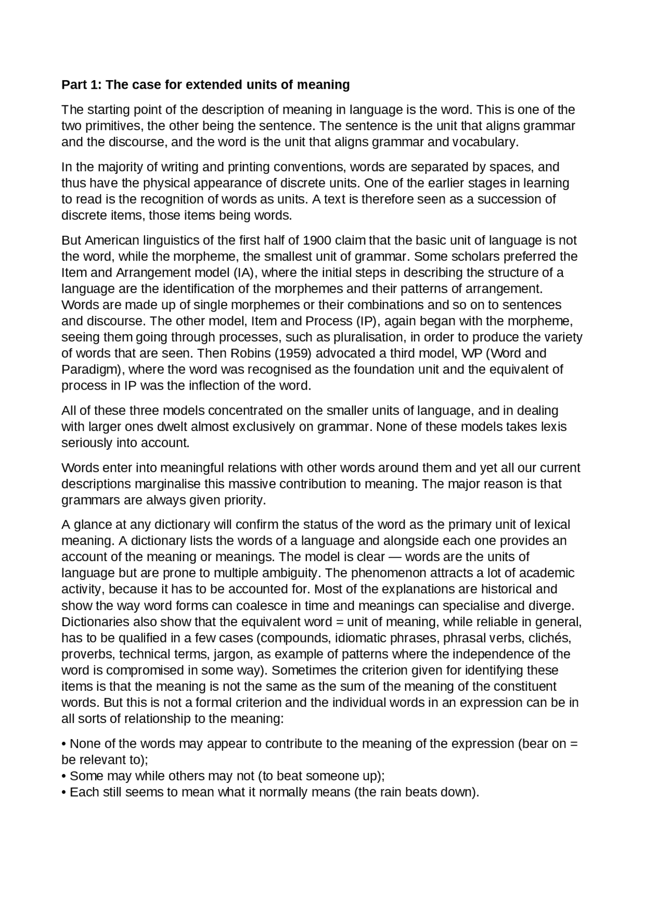 The Search for Units of Meaning Sinclair - Docsity